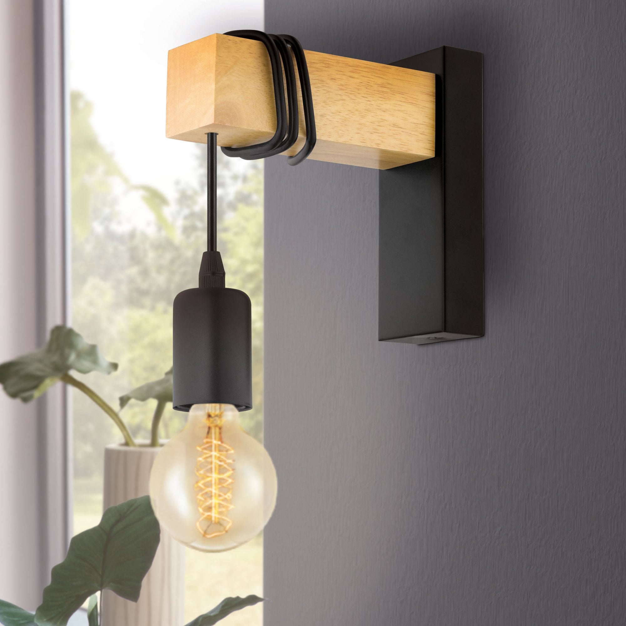 Eglo Townshend Single Wall Light in Black and Natural Oak | Dusk Lights ...