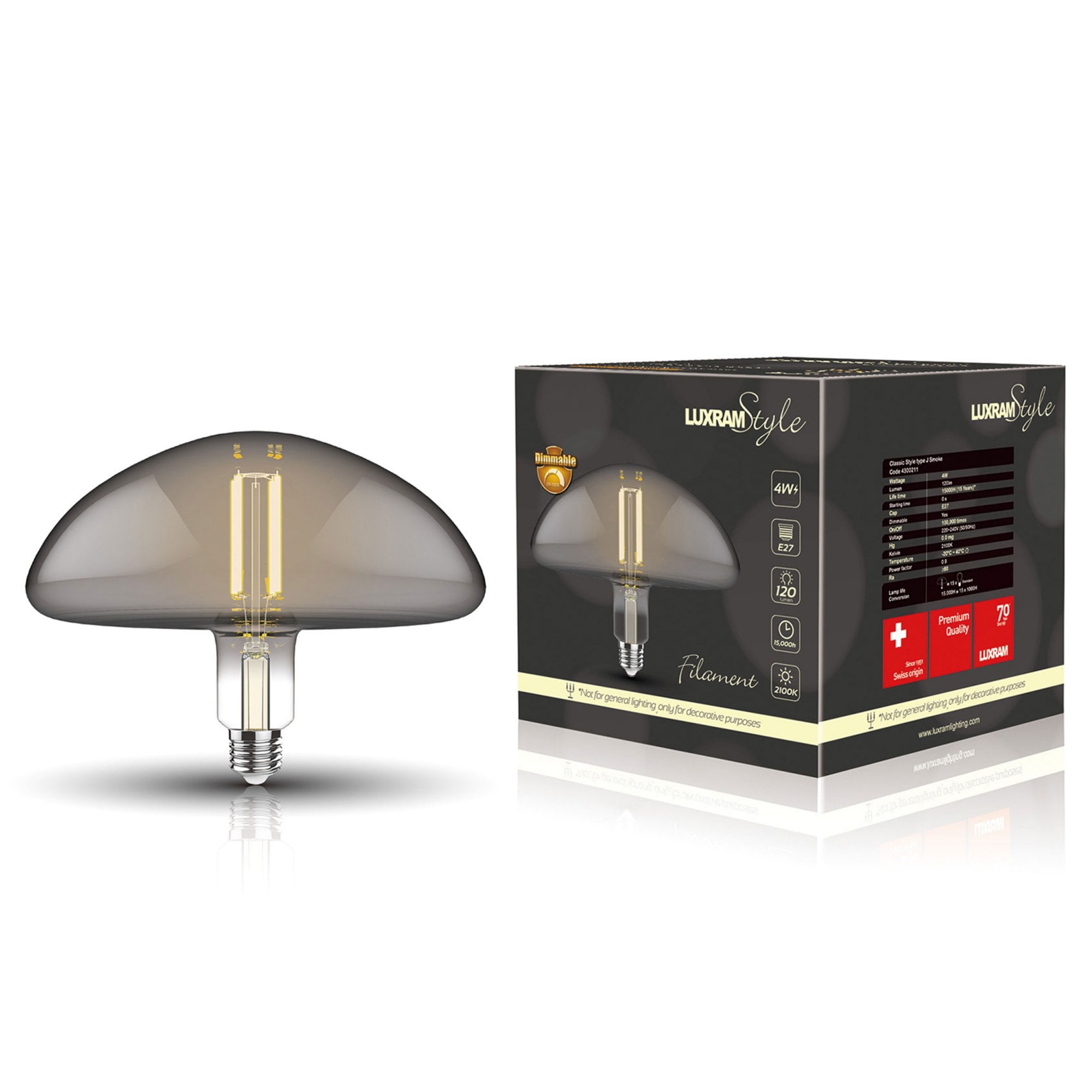 Luxram Classic Style E27 Smoked Type J Dimmable Extra Warm White LED 4W ...