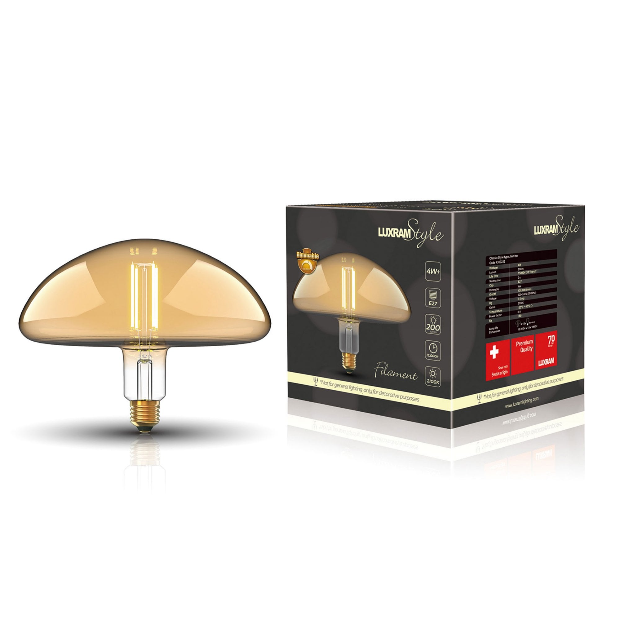 Luxram Classic Style Type J LED Lamp 4W 200lm E27 Amber 2100K Dimmable ...