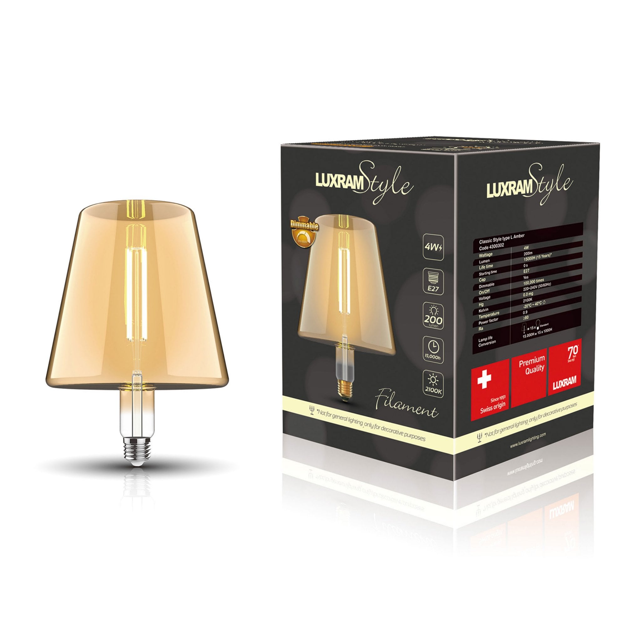 Luxram Classic Style E27 Amber Type L Dimmable Extra Warm White LED 4W ...