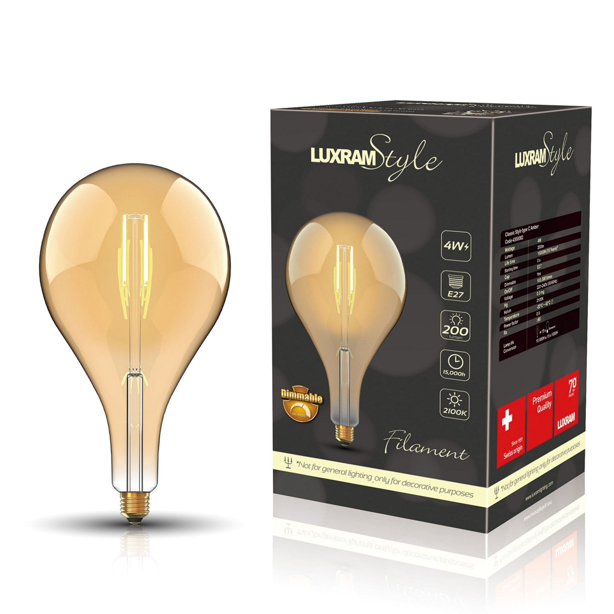 Luxram Classic Style E27 Amber Type C Dimmable Extra Warm White LED 4W ...