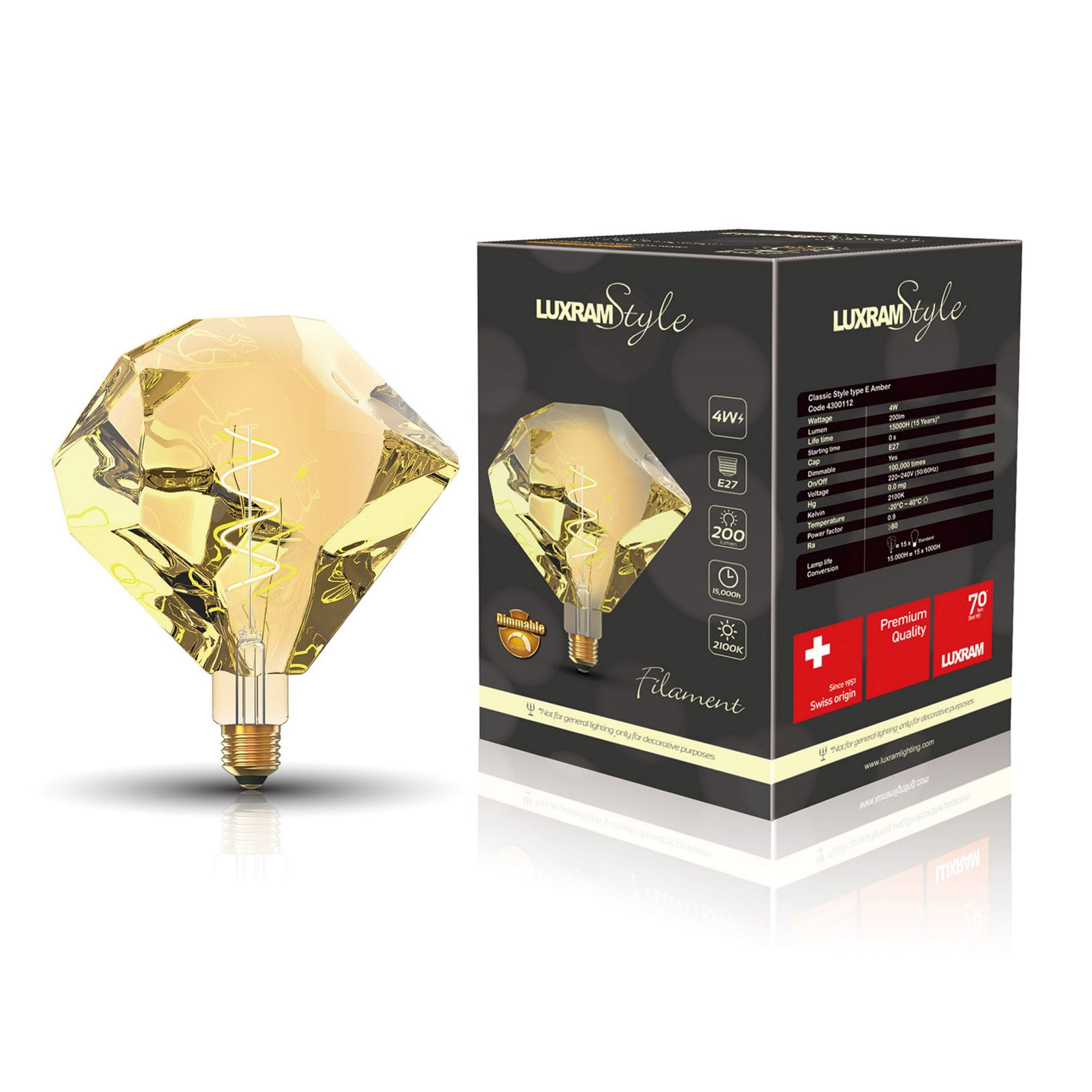 Luxram Classic Style Type E LED Lamp 4W 200lm E27 Amber 2100K Dimmable ...