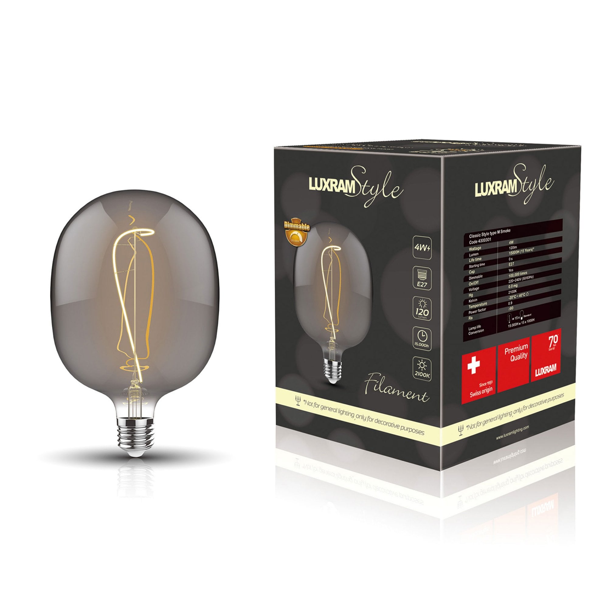Luxram Classic Style Smoked E27 Dimmable Type M White LED 4W 2100K ...