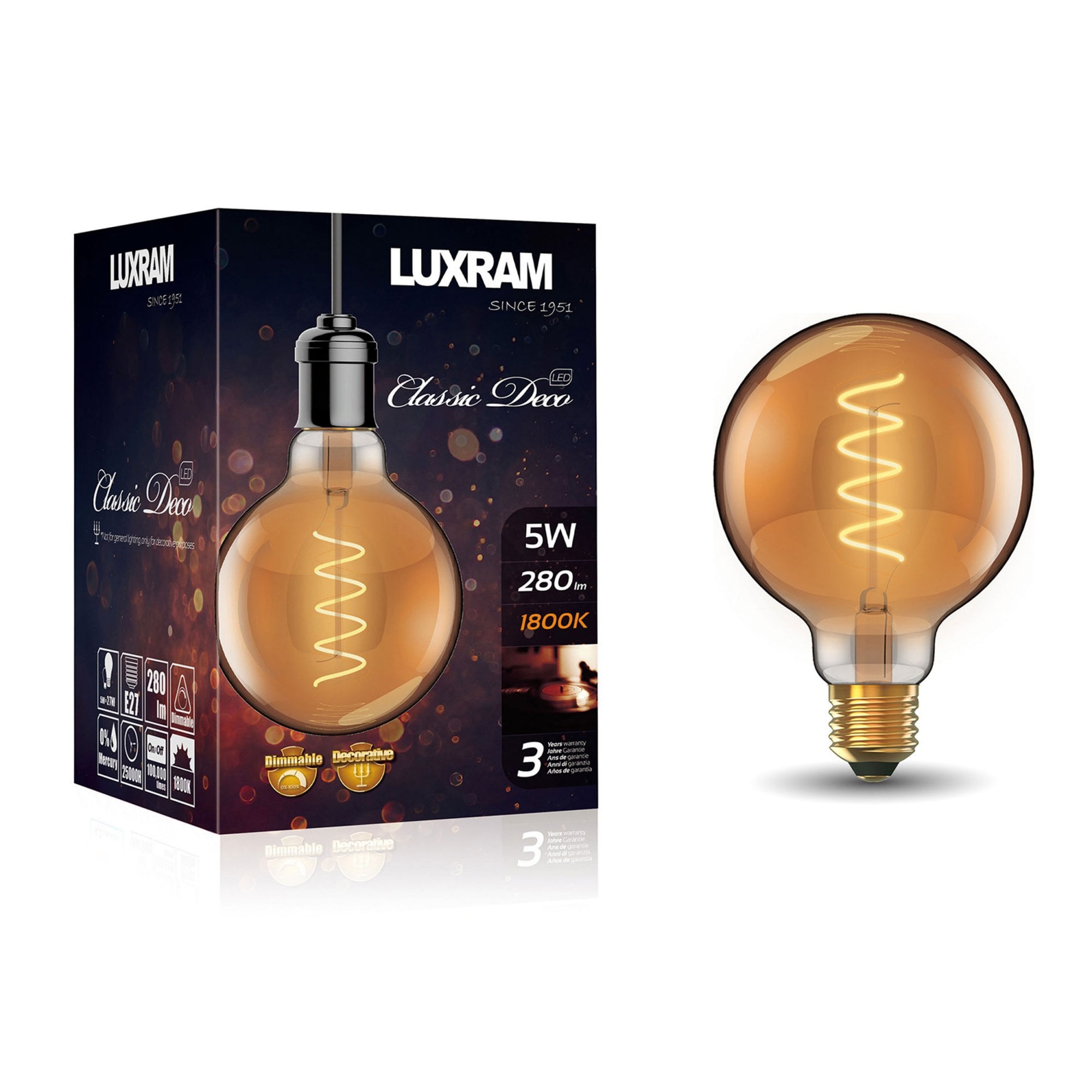 Luxram Classic Deco E27 Dimmable Extra Warm White Amber 95mm LED Globe ...
