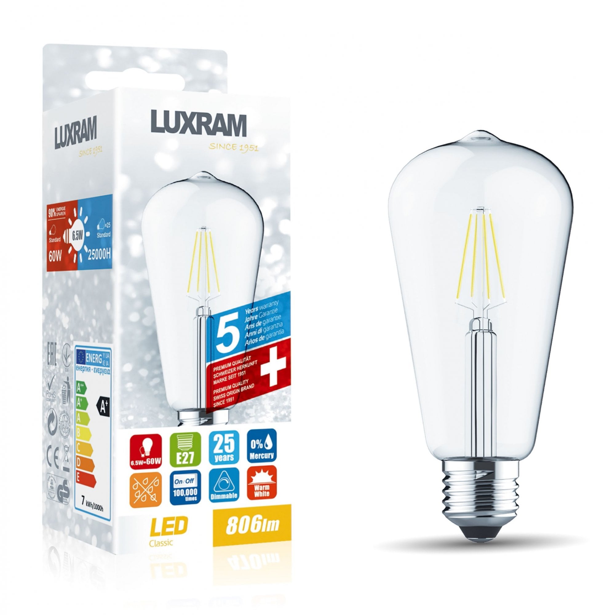 Luxram Classic E27 Rustica Dimmable Warm White Pear Shaped LED 6.5W ...