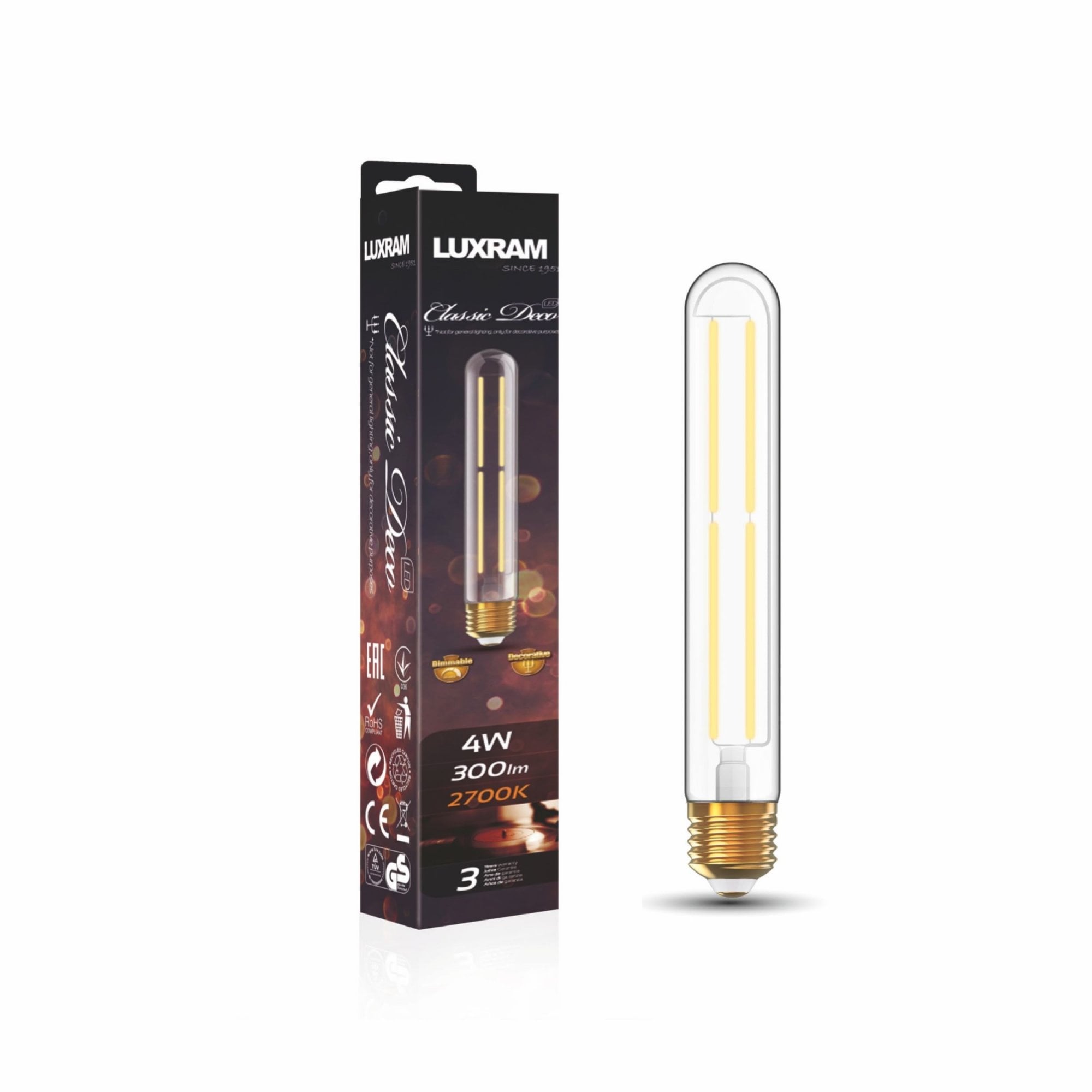 Luxram Classic Deco E27 Dimmable Warm White Straight Filament LED 185mm ...