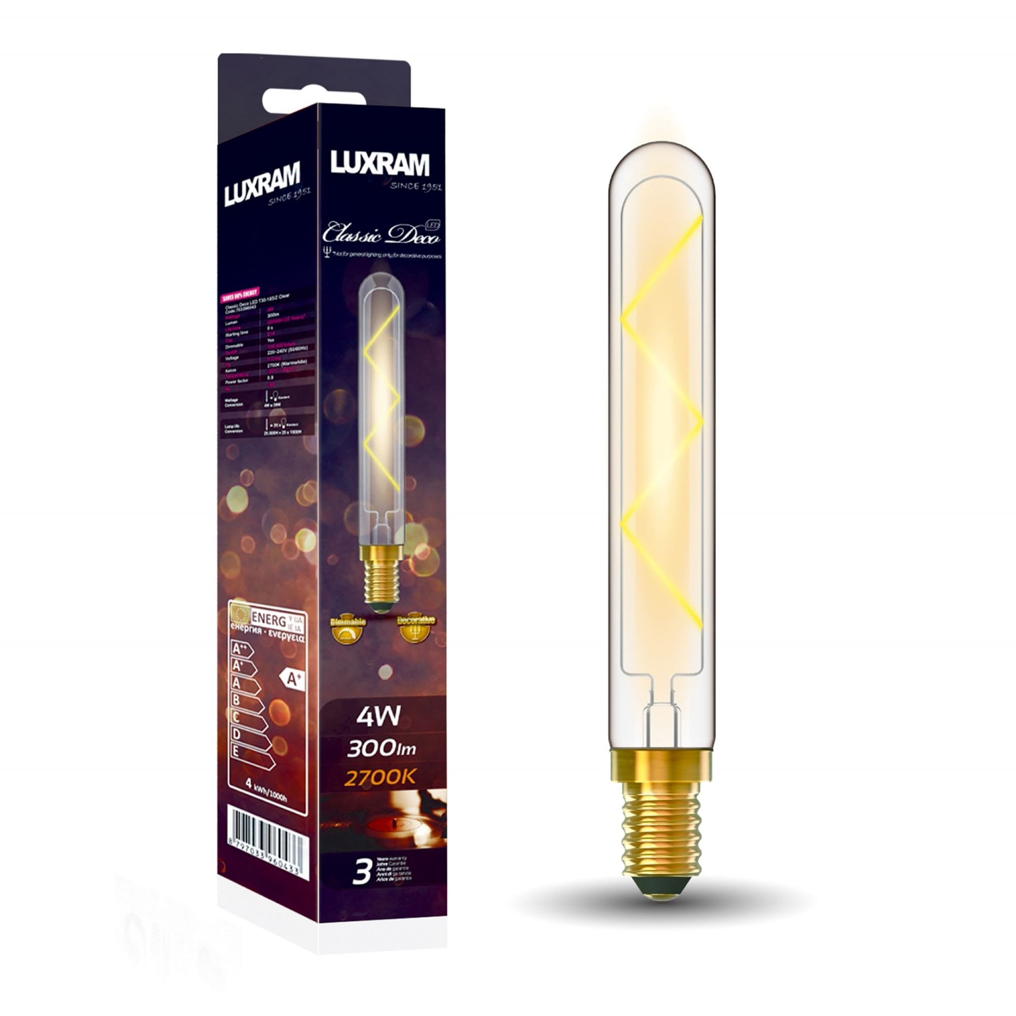 Luxram Classic Deco E14 185mm Clear X Filament Tubular Dimmable LED 4W ...