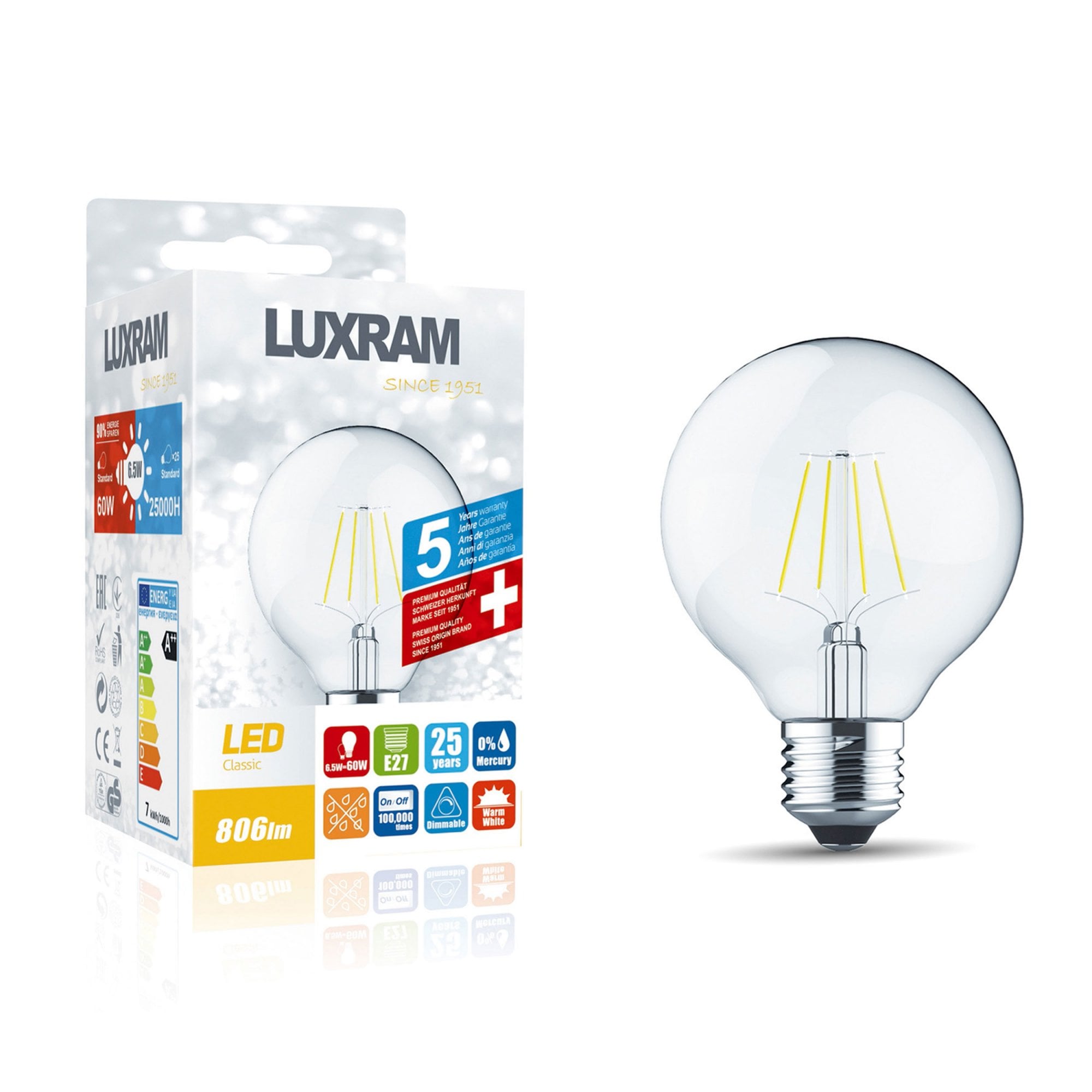 Luxram Classic E27 Dimmable Warm White 80mm LED Globe 6.5W 2700K 806lm ...