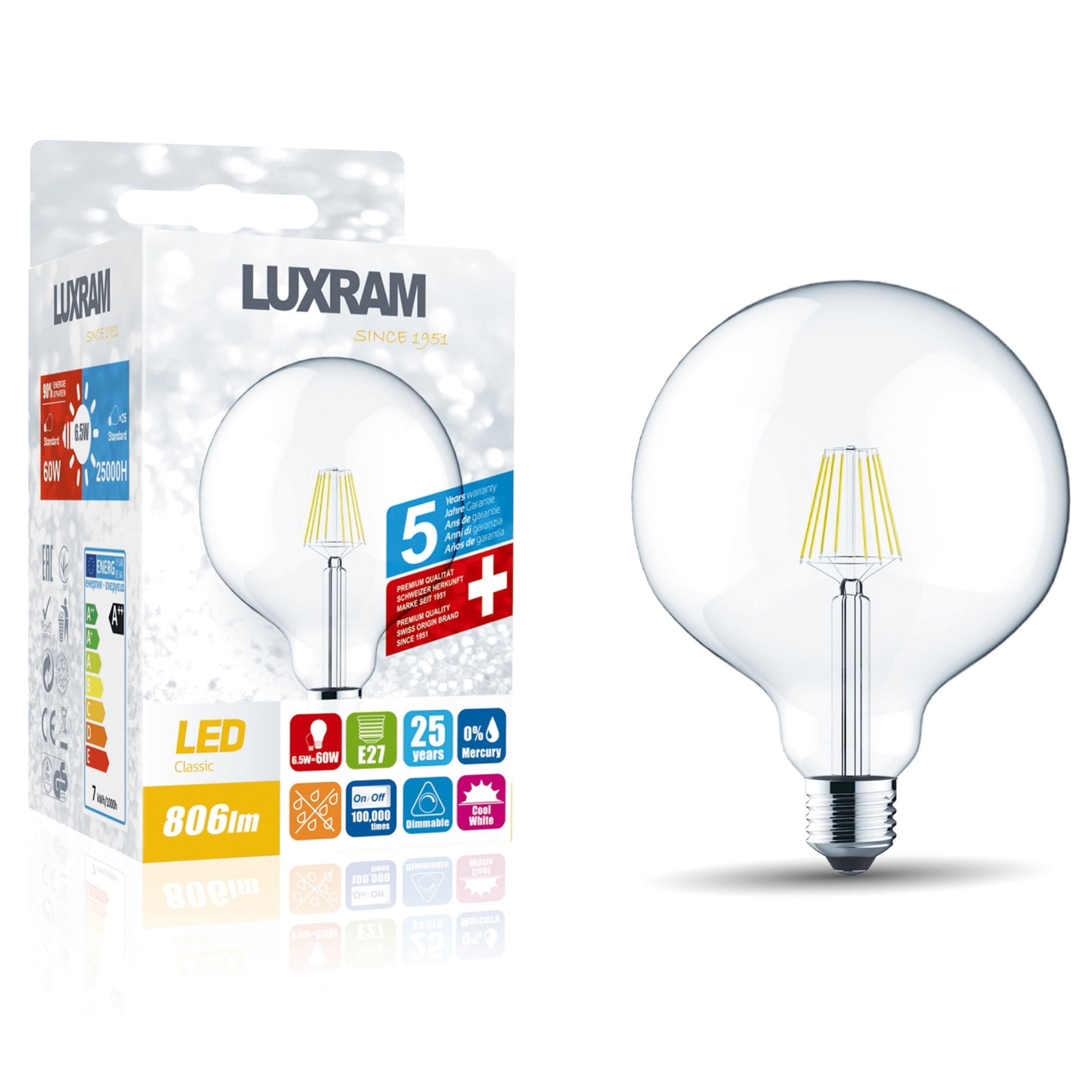 Luxram Classic E27 Dimmable Neutral White 120mm LED Globe 6.5W 4000K ...