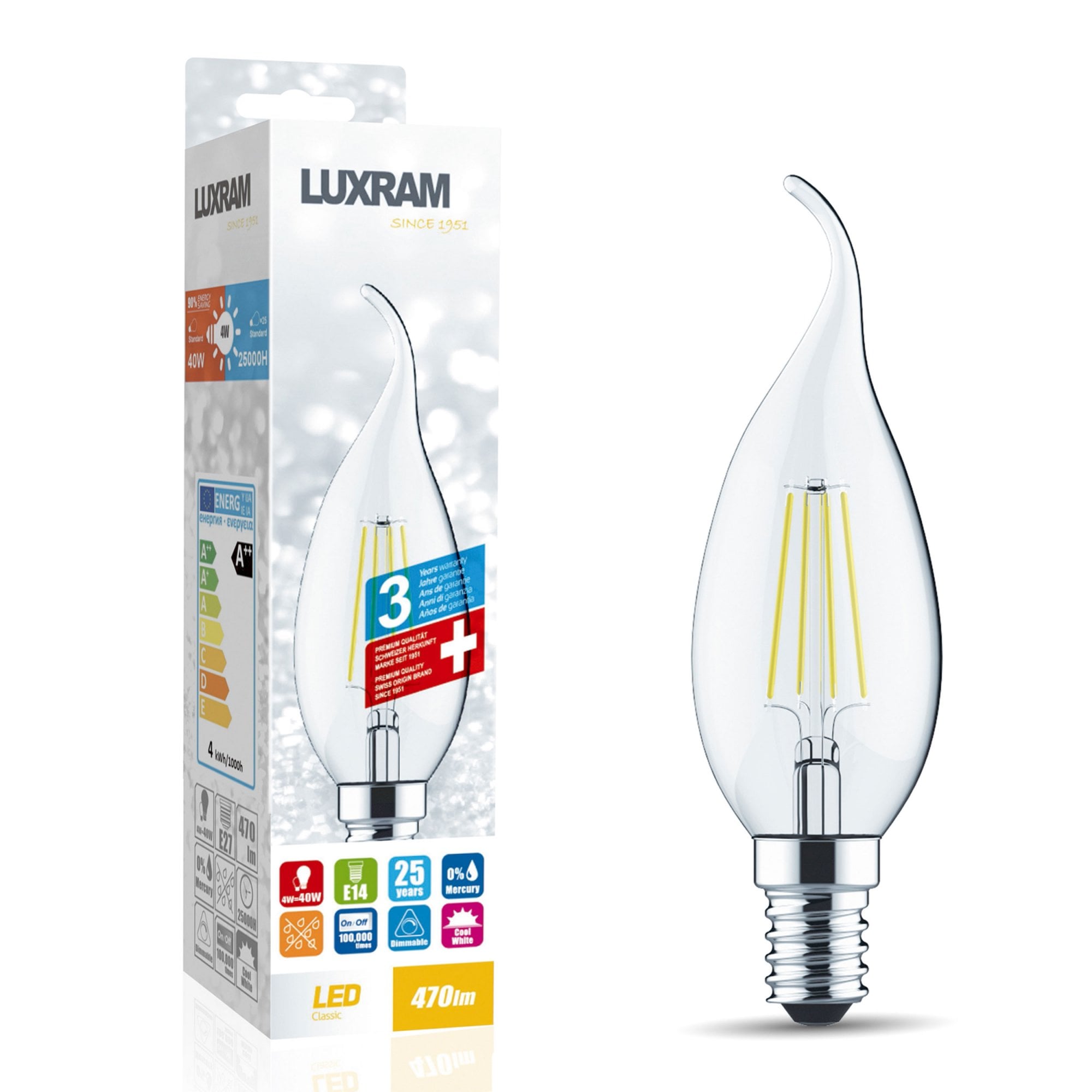 Luxram Classic E14 Dimmable Neutral White LED Candle Tip 5.5W 4000K ...