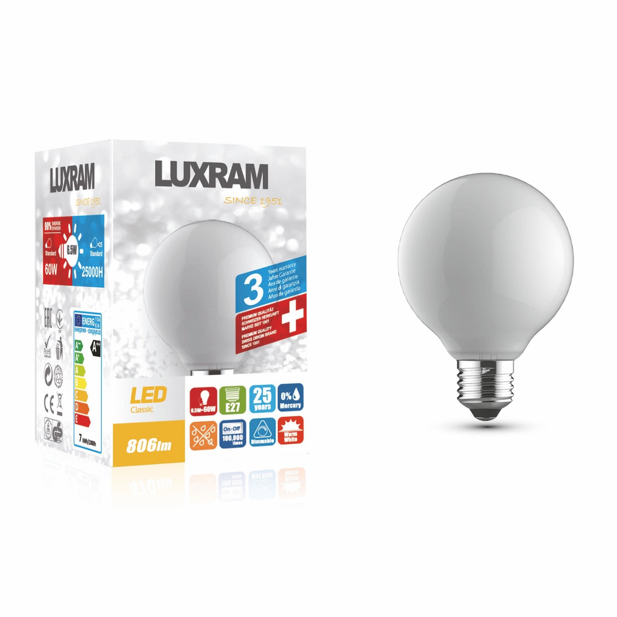 Luxram Classic E27 Dimmable Warm White Opal 80mm LED Globe 6.5W 2700K ...