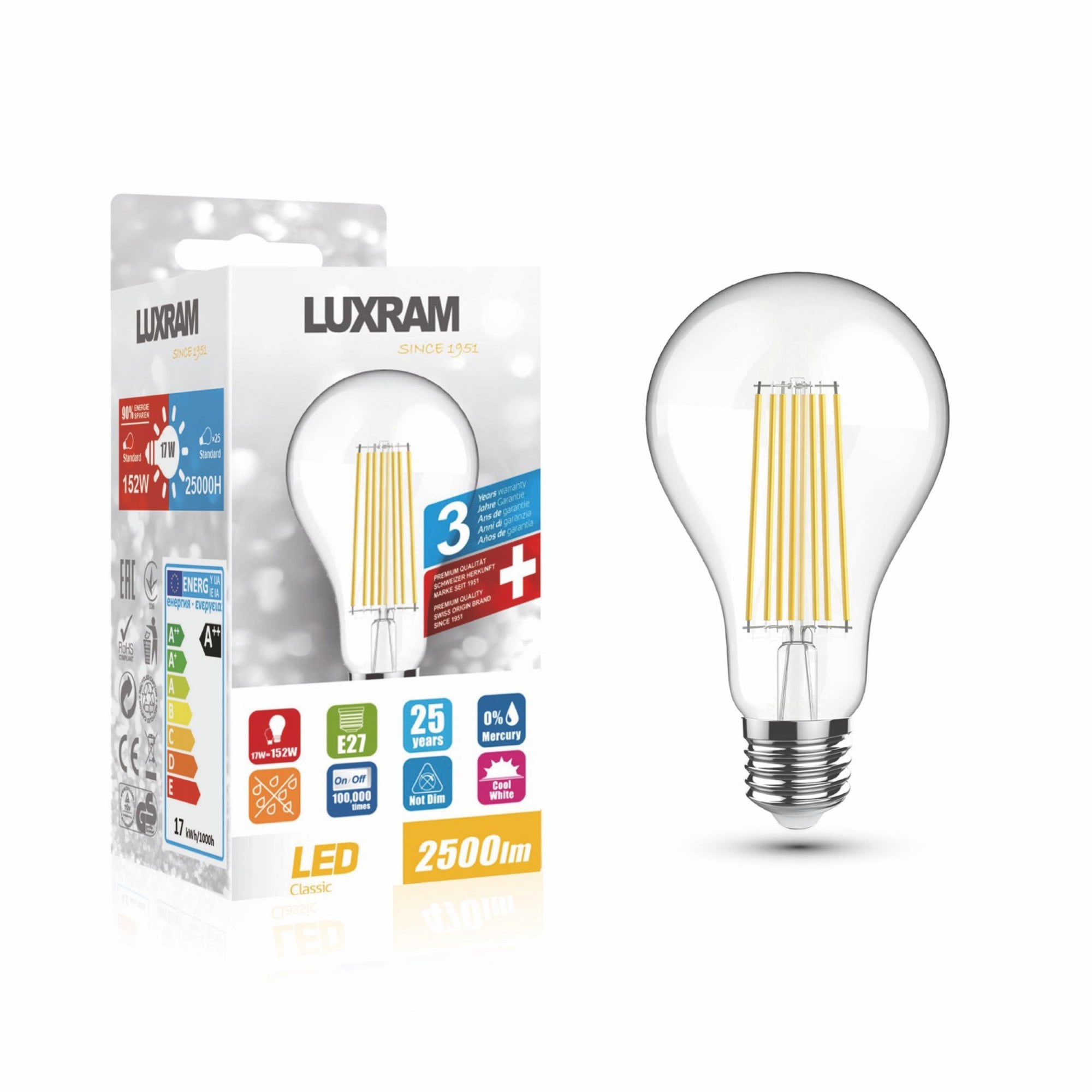 Luxram Classic E27 Neutral White LED GLS 17W 4000K 2500lm | Dusk Lights ...