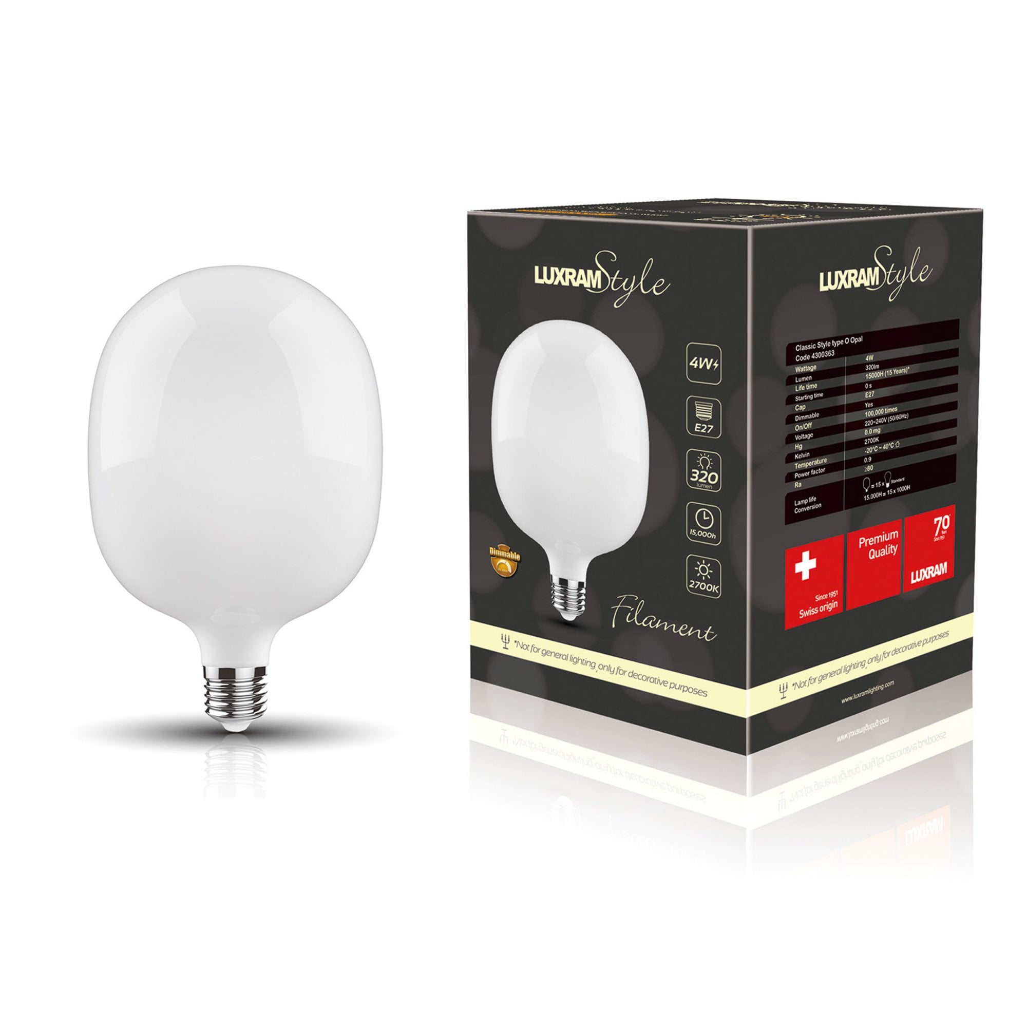Luxram Classic Style E27 Opal Type M Dimmable Warm White LED 4W 2700K ...