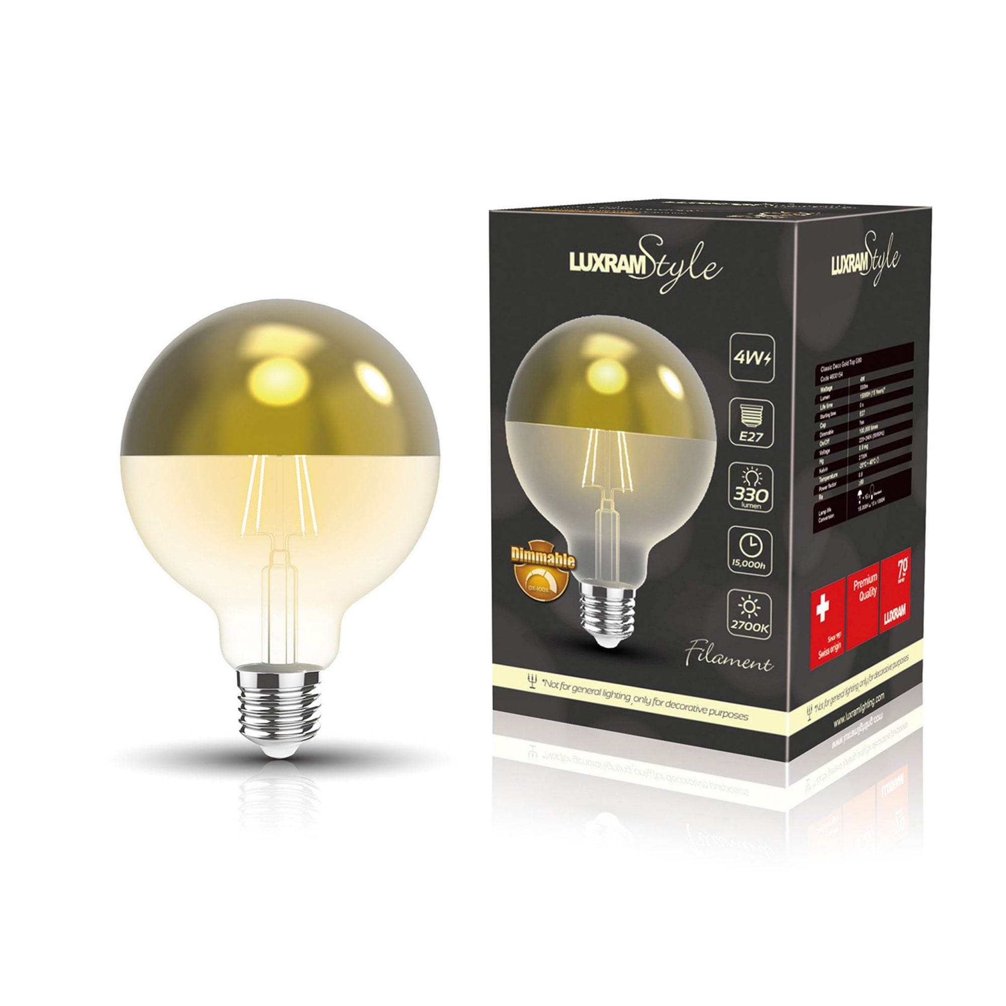 Luxram Classic Deco E27 Dimmable Warm White Gold Top 80mm LED Globe 4W ...