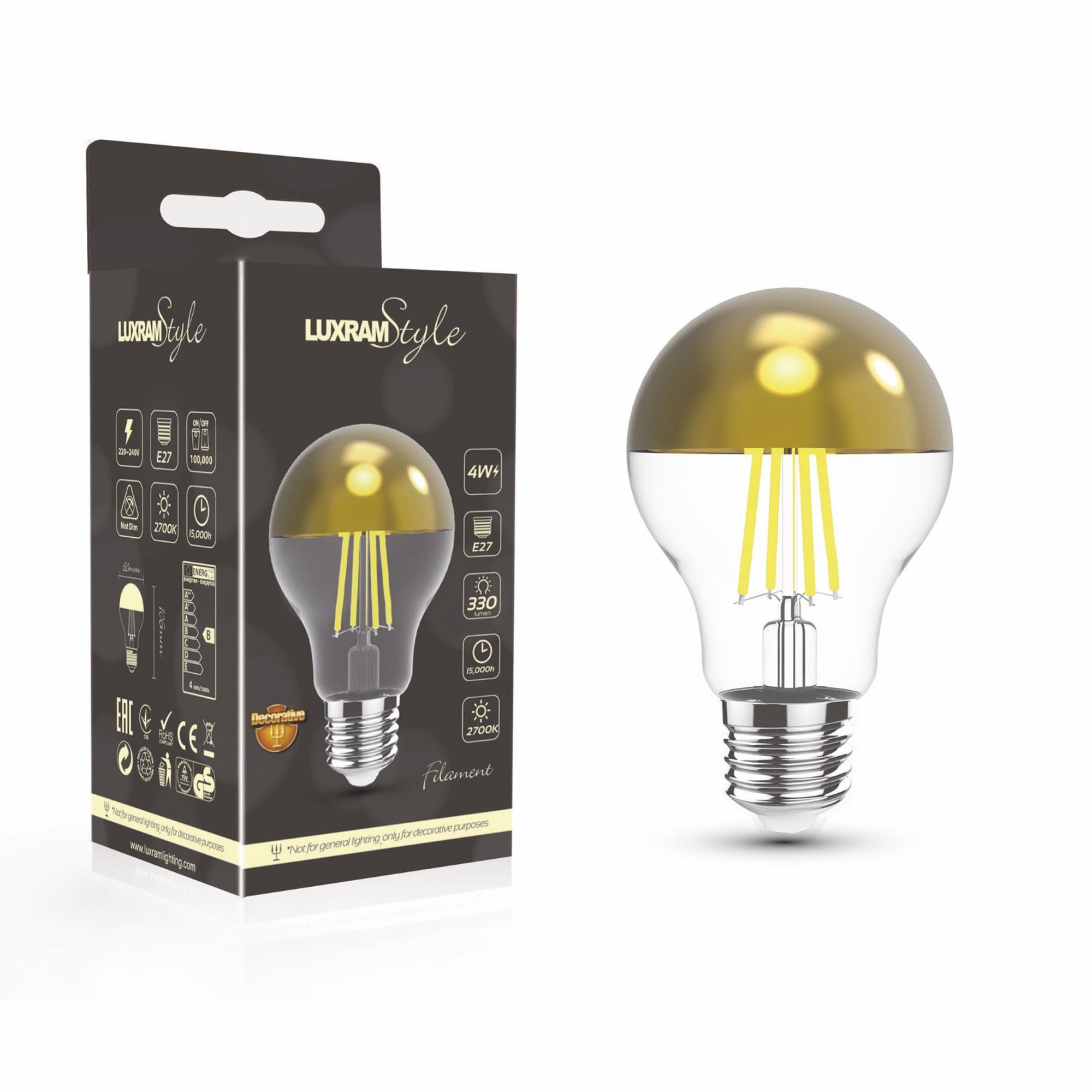 Luxram Classic Deco E27 Warm White Gold Top GLS LED 4W 2700K 330lm ...