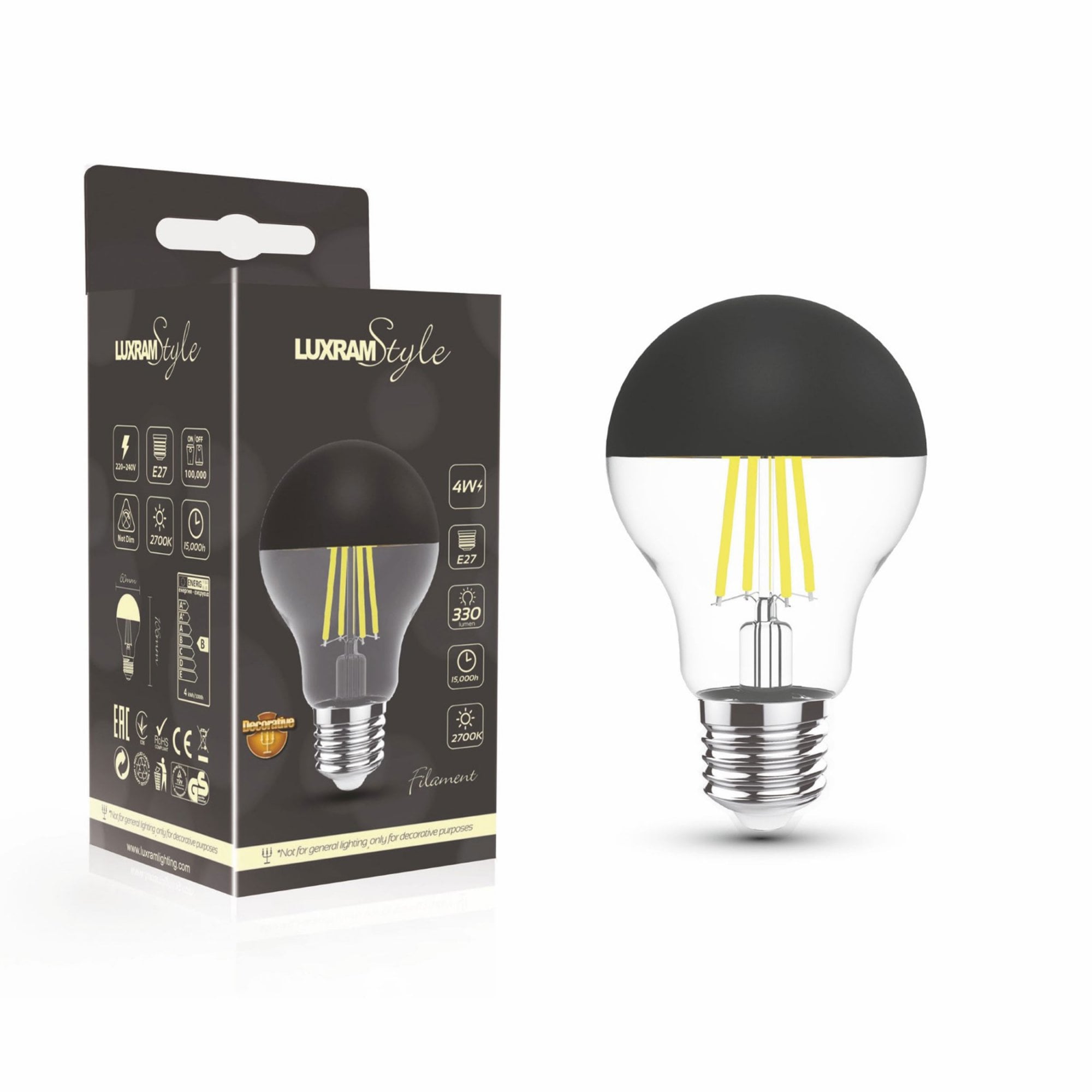 Luxram Classic Deco E27 Warm White Black Top GLS LED 4W 2700K 330lm ...