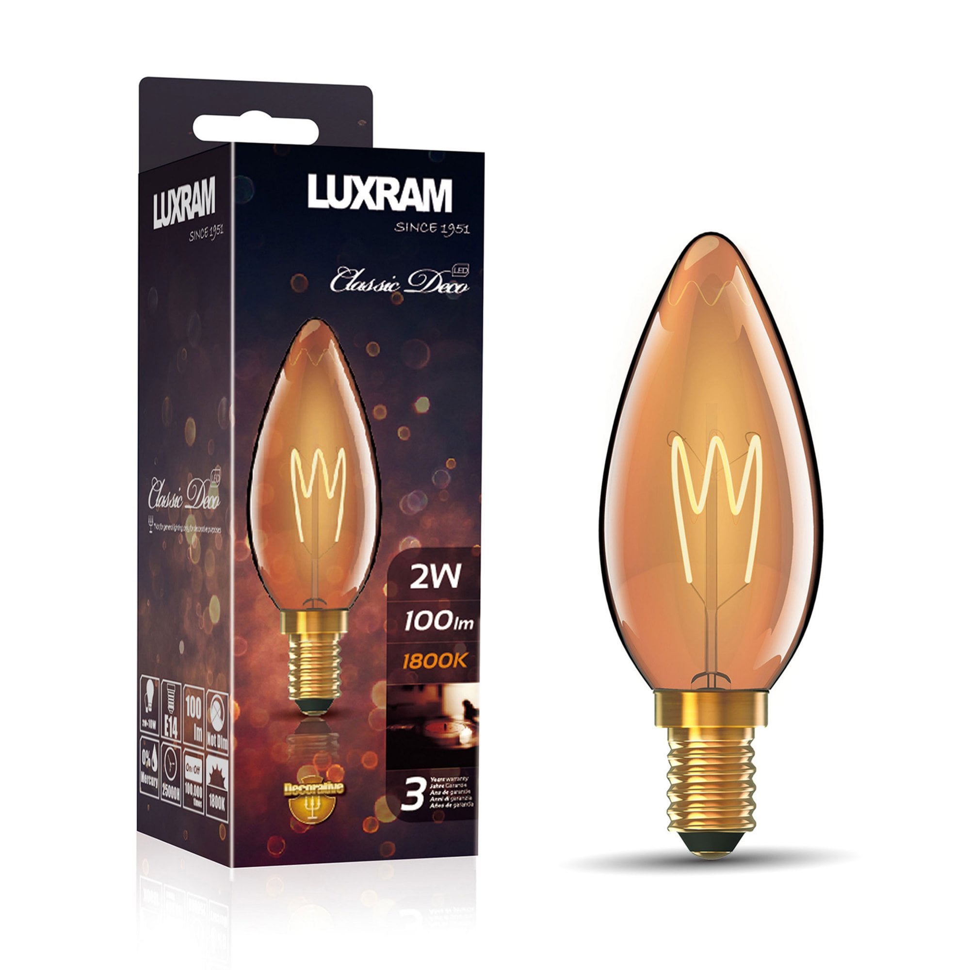 Luxram Classic Deco E14 Dimmable Amber Candle LED 2W 1800K 100lm | Dusk ...