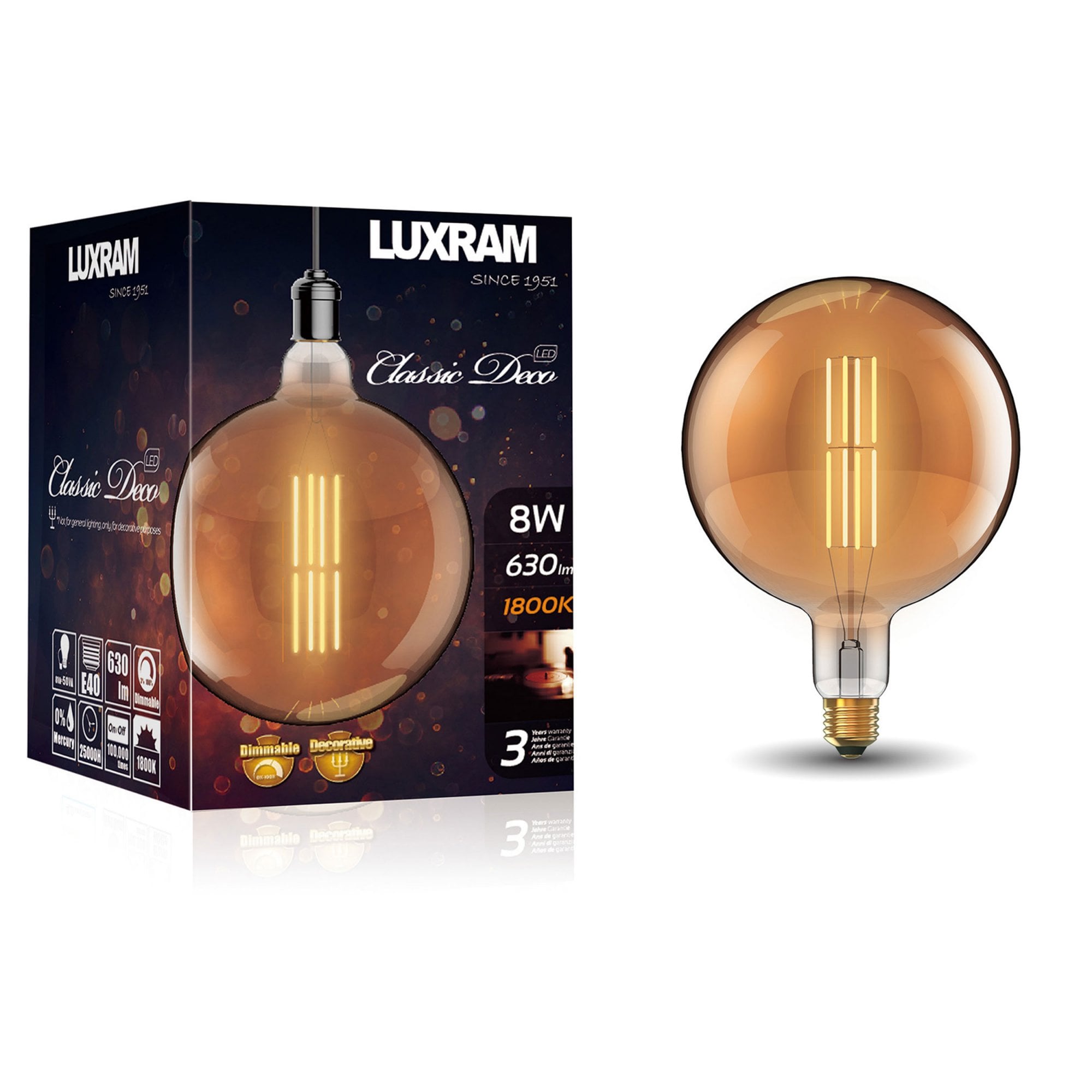Luxram Classic Deco E40 Dimmable Extra Warm White Amber 300mm LED Globe ...