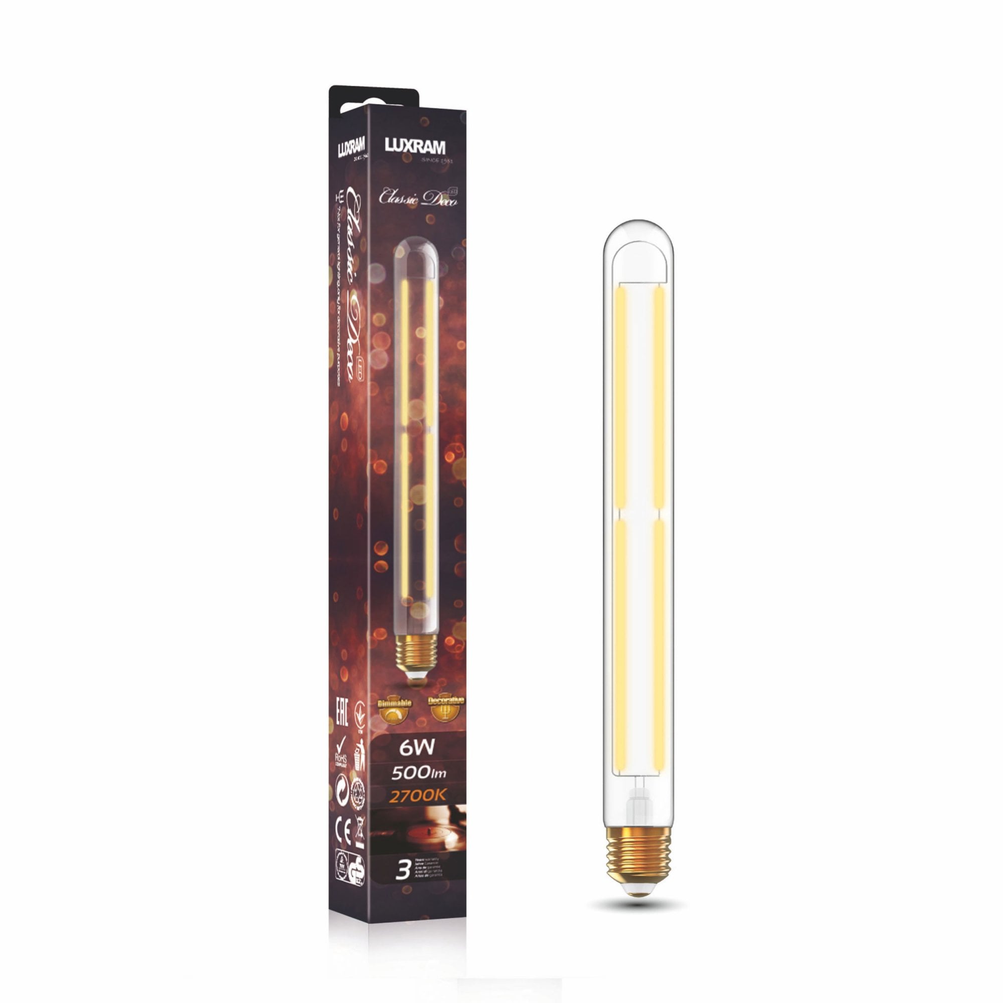 Luxram Classic Deco E27 Dimmable Warm White Straight Filament LED 280mm ...