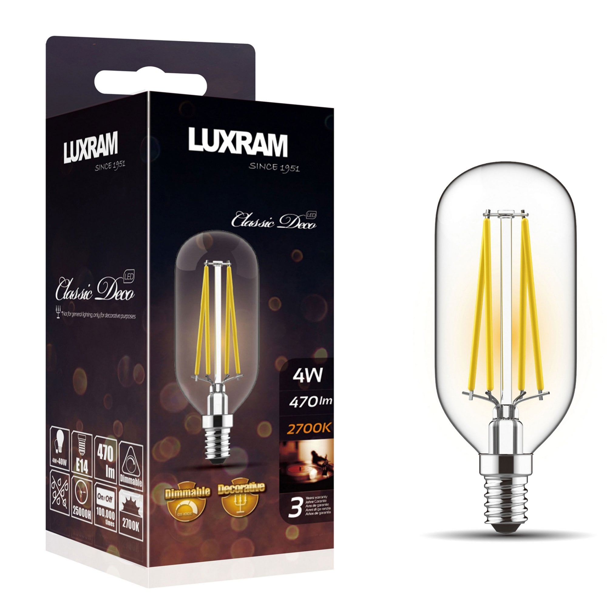 Luxram Classic Deco E14 Dimmable Warm White LED 110mm Tube 4W 2700K ...
