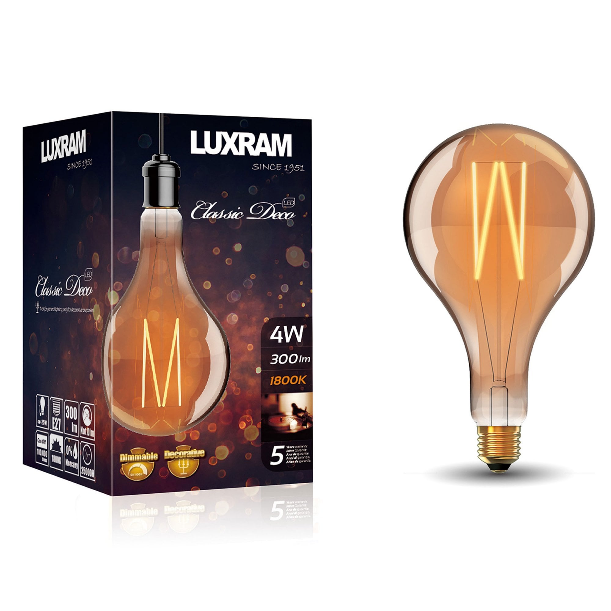 Luxram Classic Deco E27 Dimmable Amber LED XL GLS 4W 1800K 300lm | Dusk ...