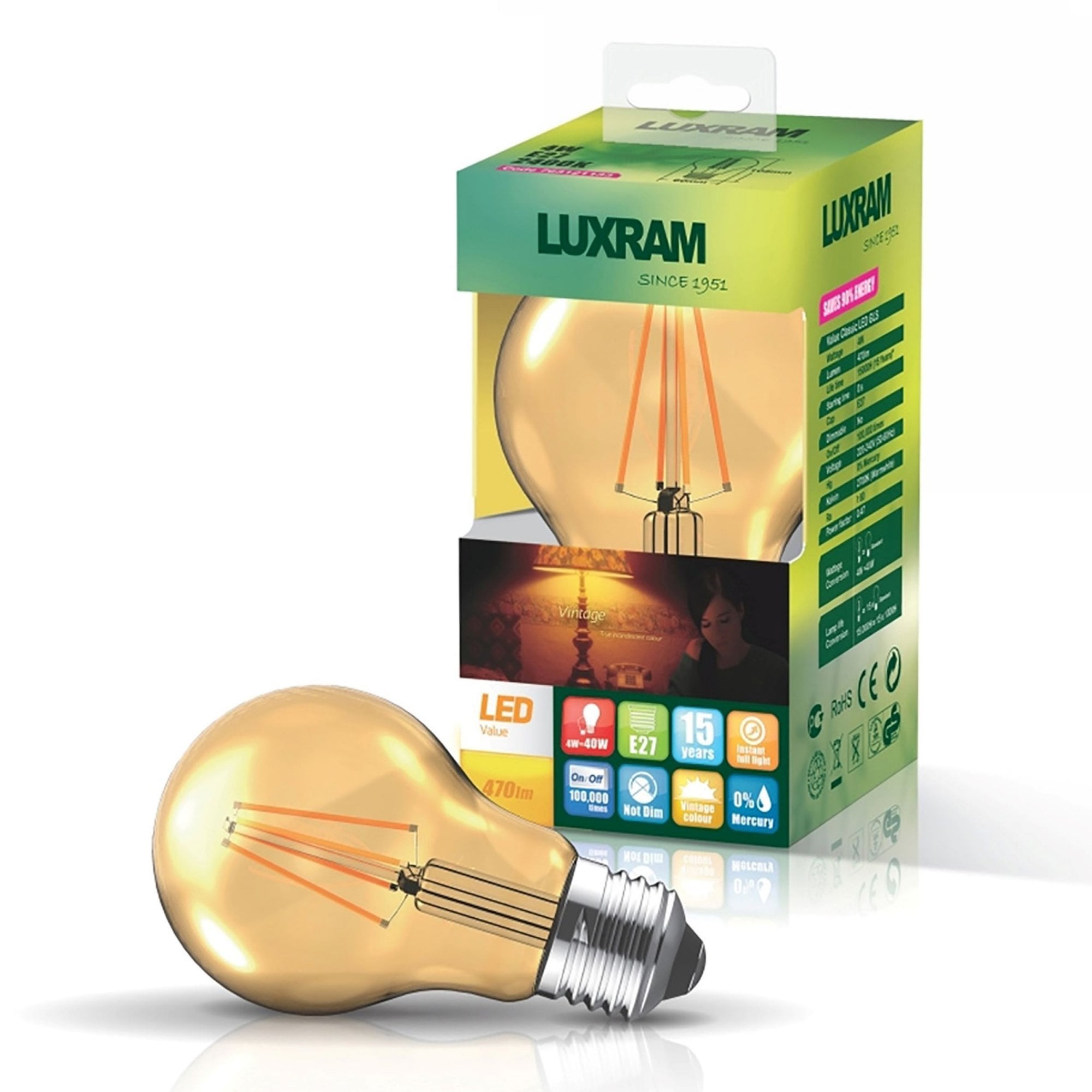Luxram Vintage E27 Extra Warm White Gold LED GLS 8W 2200K 630lm | Dusk ...