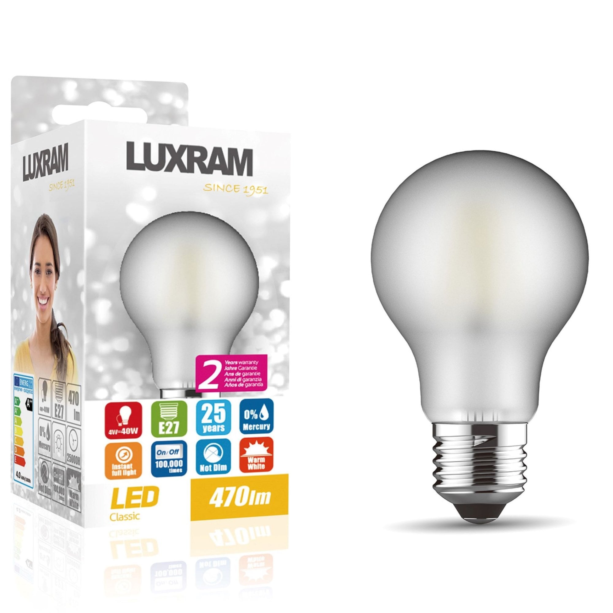 Luxram Classic E27 Warm White Frosted LED GLS 4W 2700K 470lm | Dusk ...