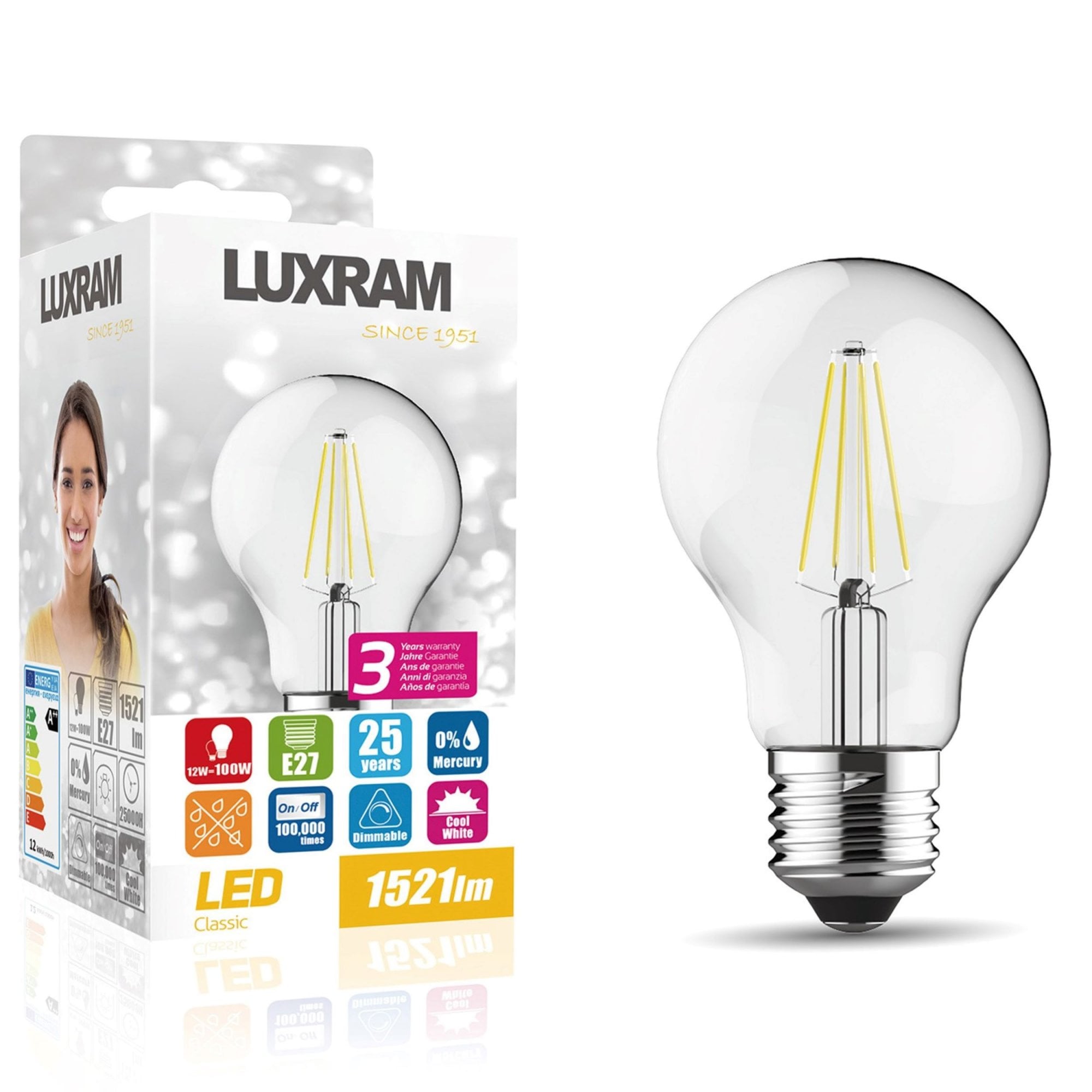 Luxram Classic E27 Dimmable Neutral White LED GLS 12W 4000K 1521lm ...