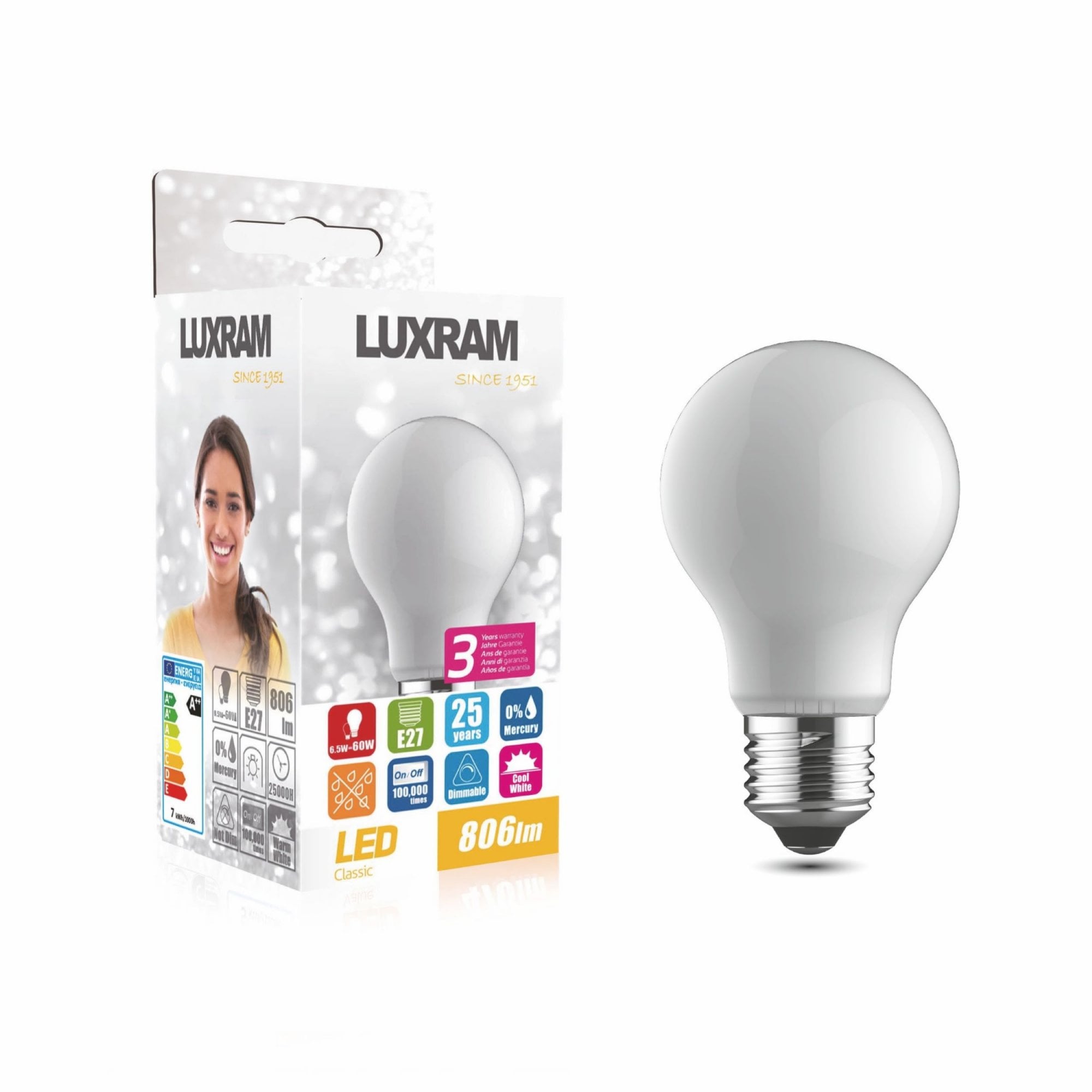 Luxram Classic E27 Dimmable Neutral White Opal LED GLS 6.5W 4000K 806lm ...