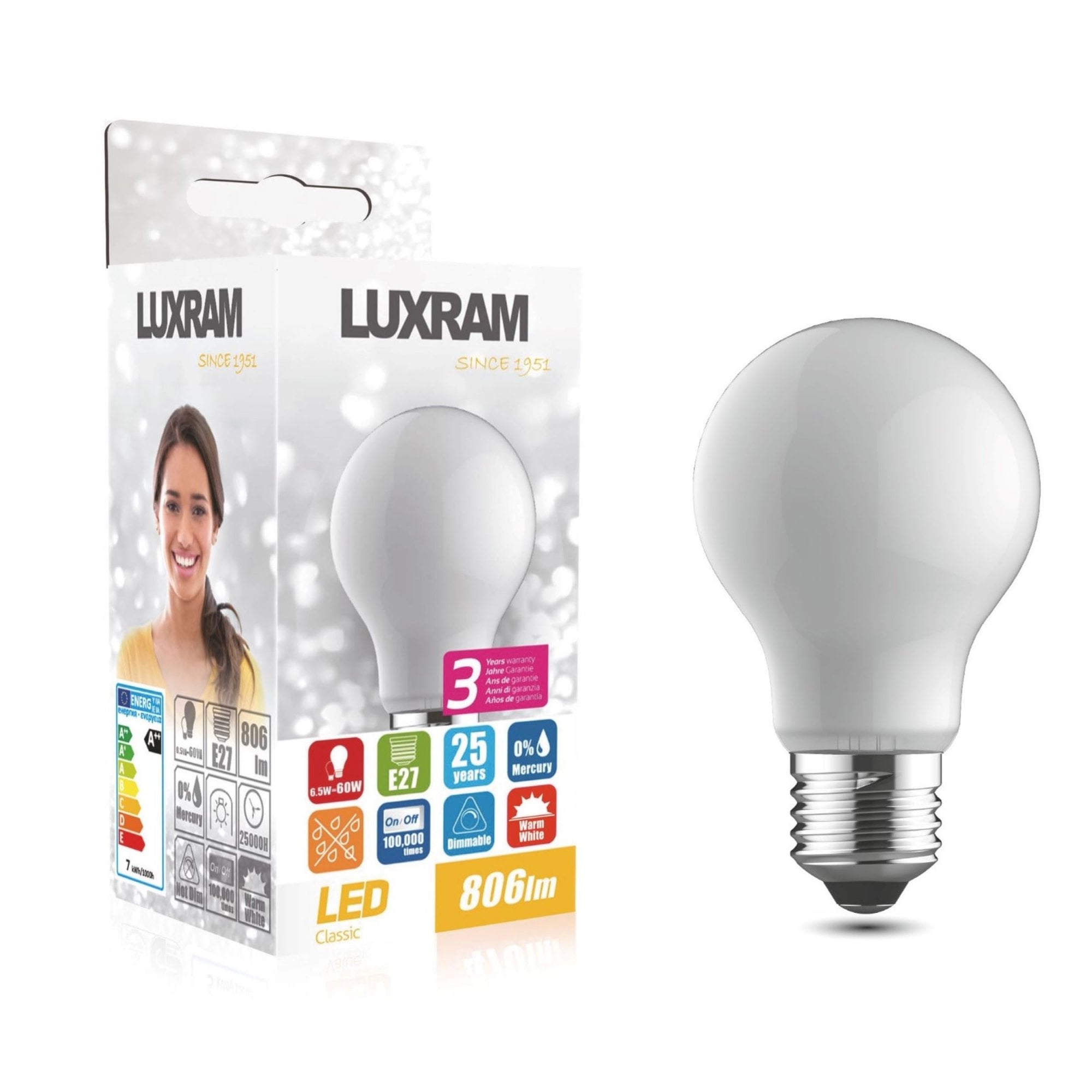 Luxram Classic E27 Dimmable Warm White Opal GLS LED 6.5W 2700K 806lm ...