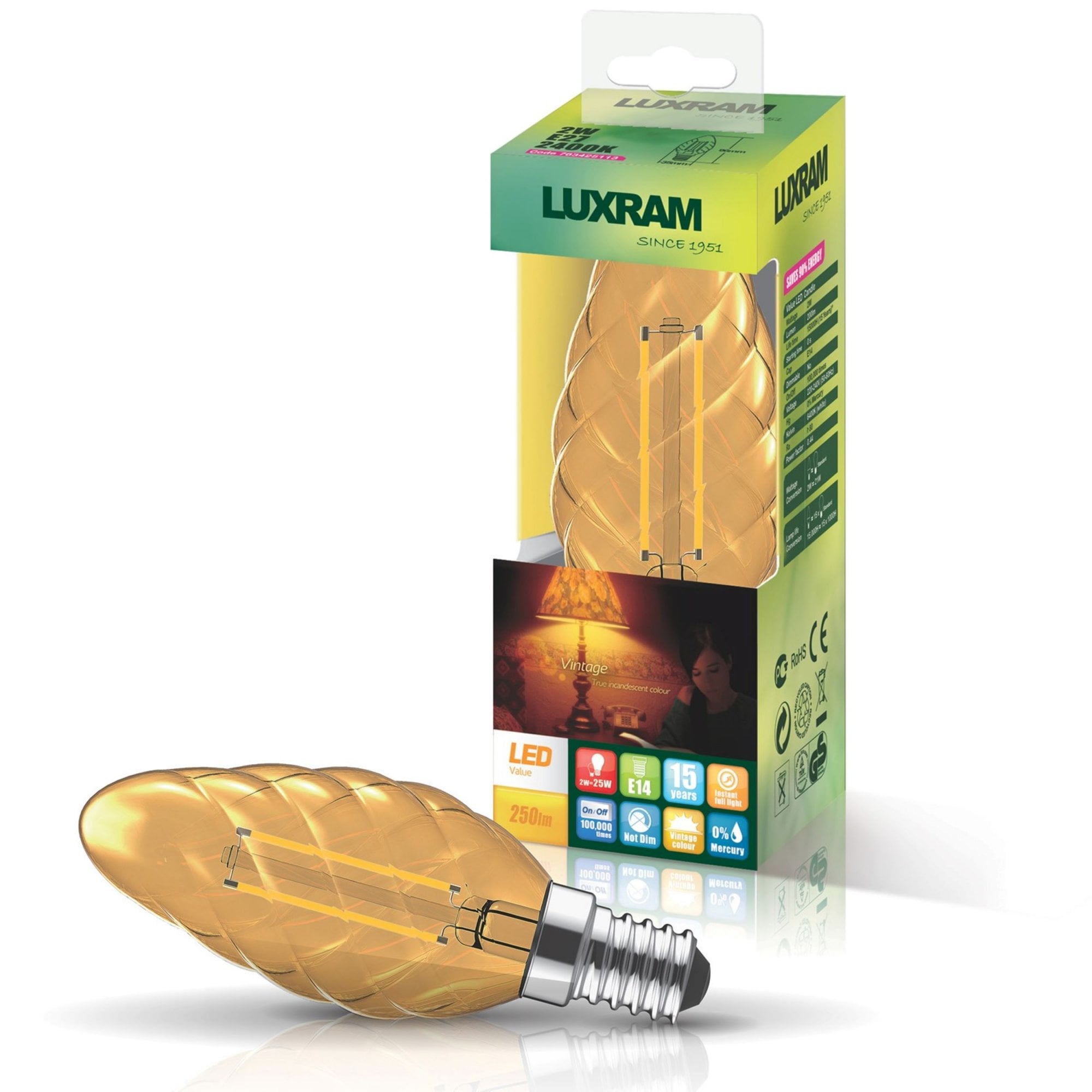 Luxram Vintage E14 Amber Extra Warm White LED Twisted Candle 4W 2200K ...