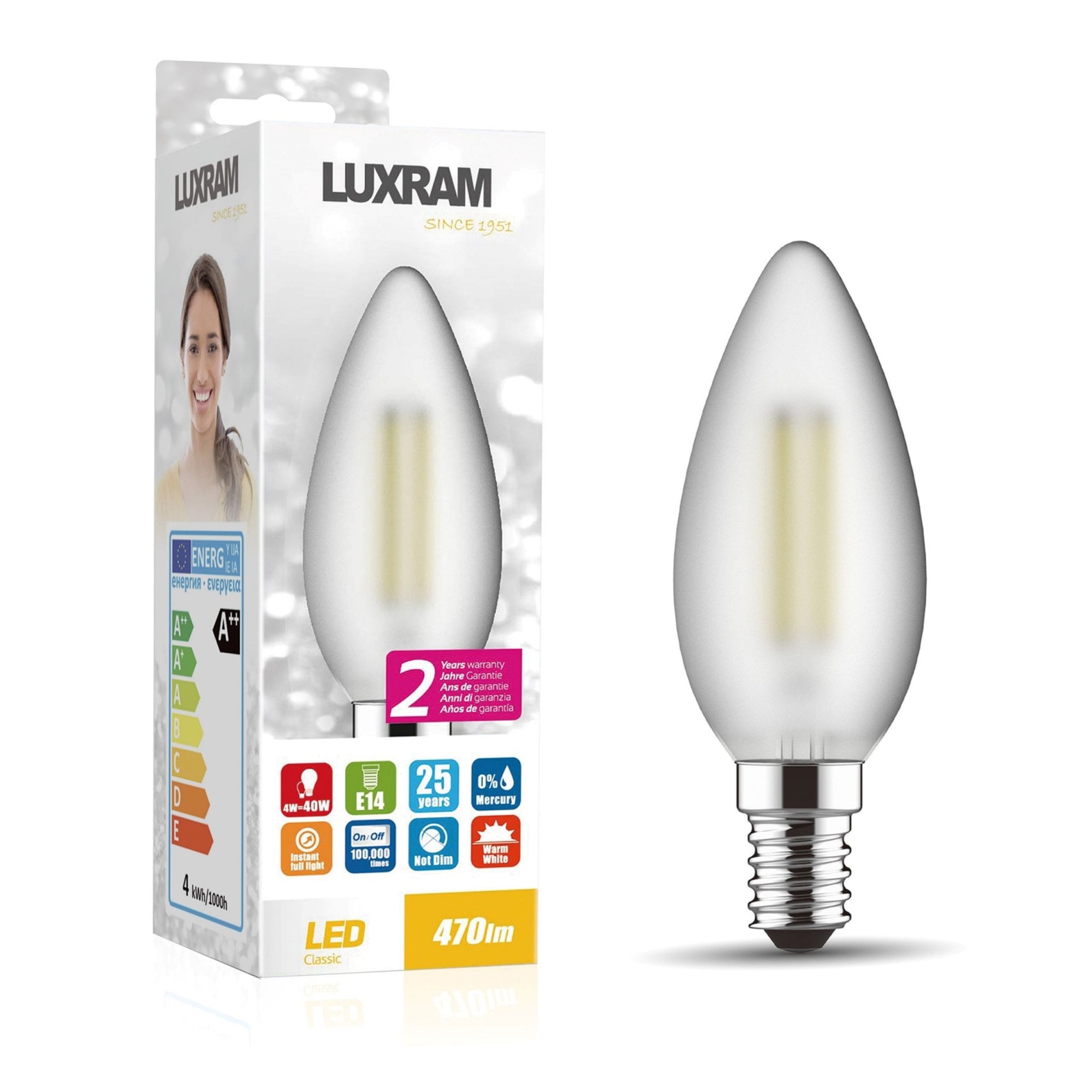 Luxram Classic E14 Frosted Warm White LED Candle 4W 2700K 470lm | Dusk ...