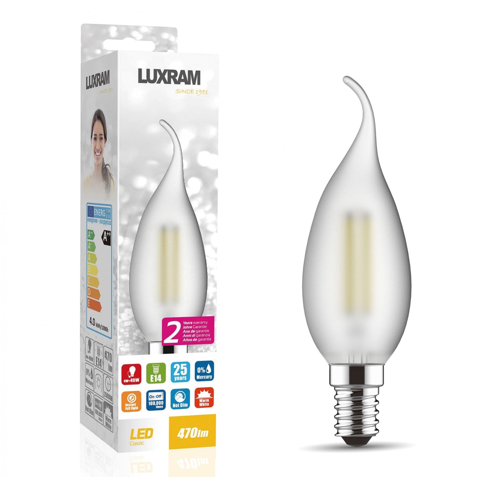 Luxram Classic E14 Warm White LED Candle Tip Frosted 4W 2700K 470lm ...