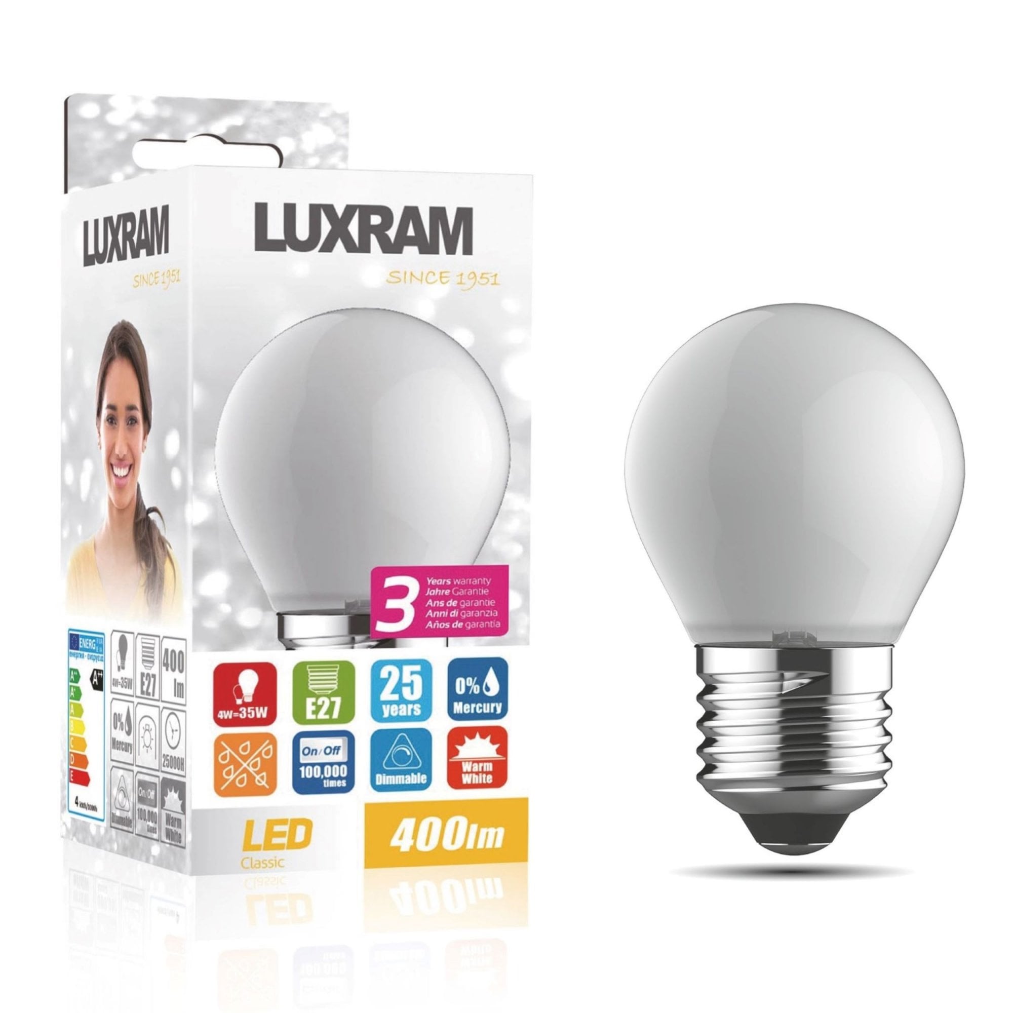 Luxram Classic E27 Dimmable Warm White Frosted LED Golf Ball 4W 2700K ...