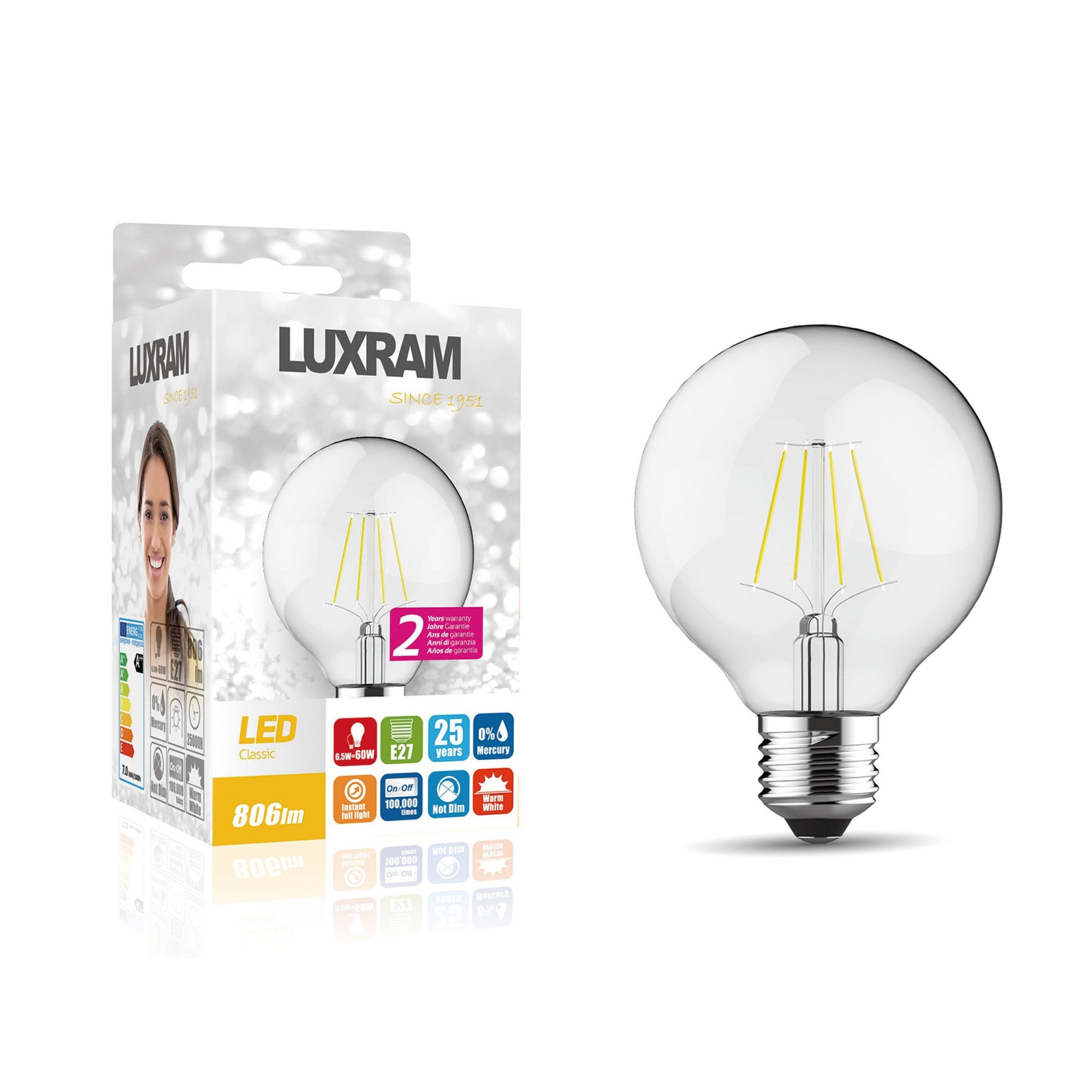 Luxram Classic E27 Warm White 80mm LED Globe 8W 2700K 806lm | Dusk ...