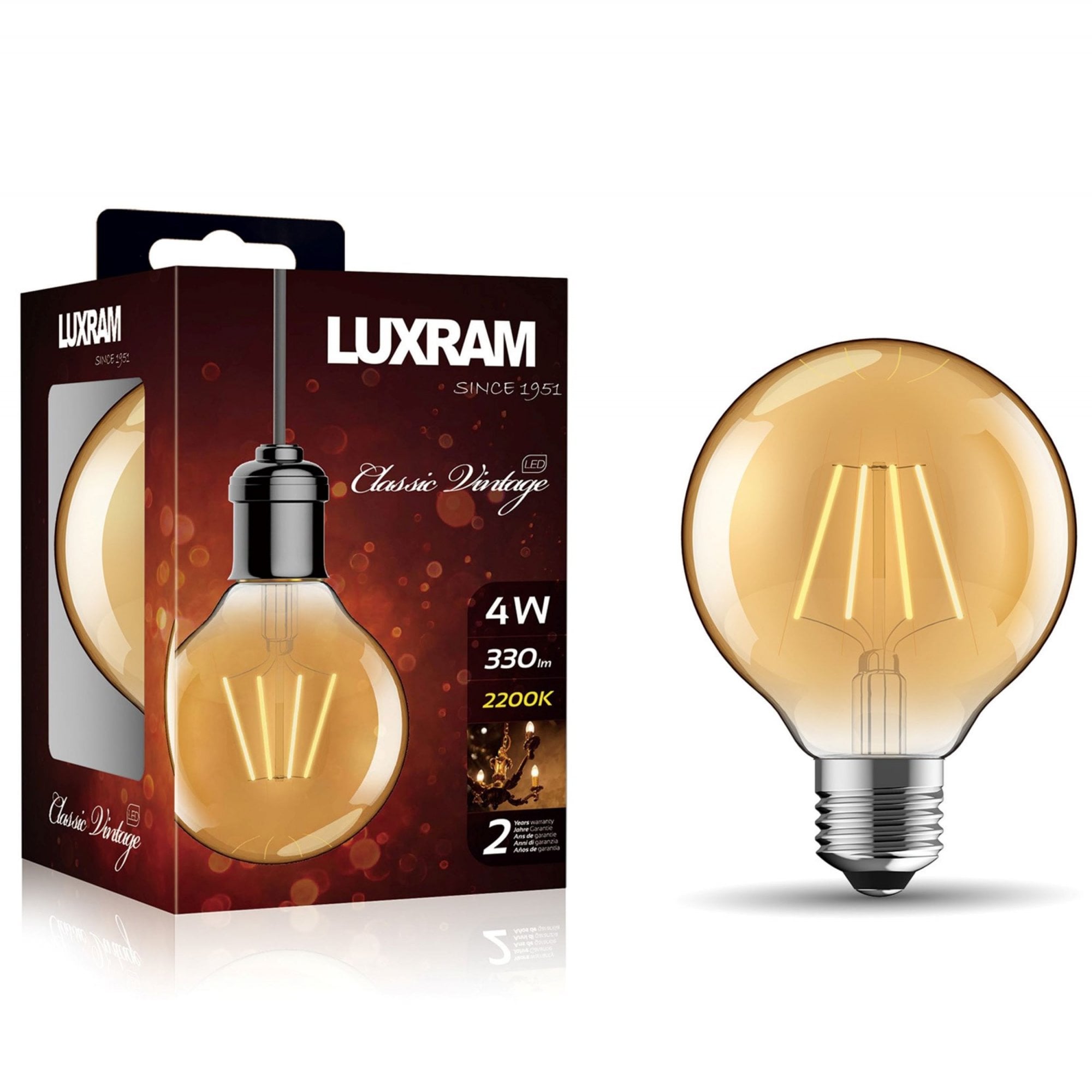 Luxram Vintage E27 Extra Warm White Gold 80mm LED Globe 4W 2200K 330lm ...