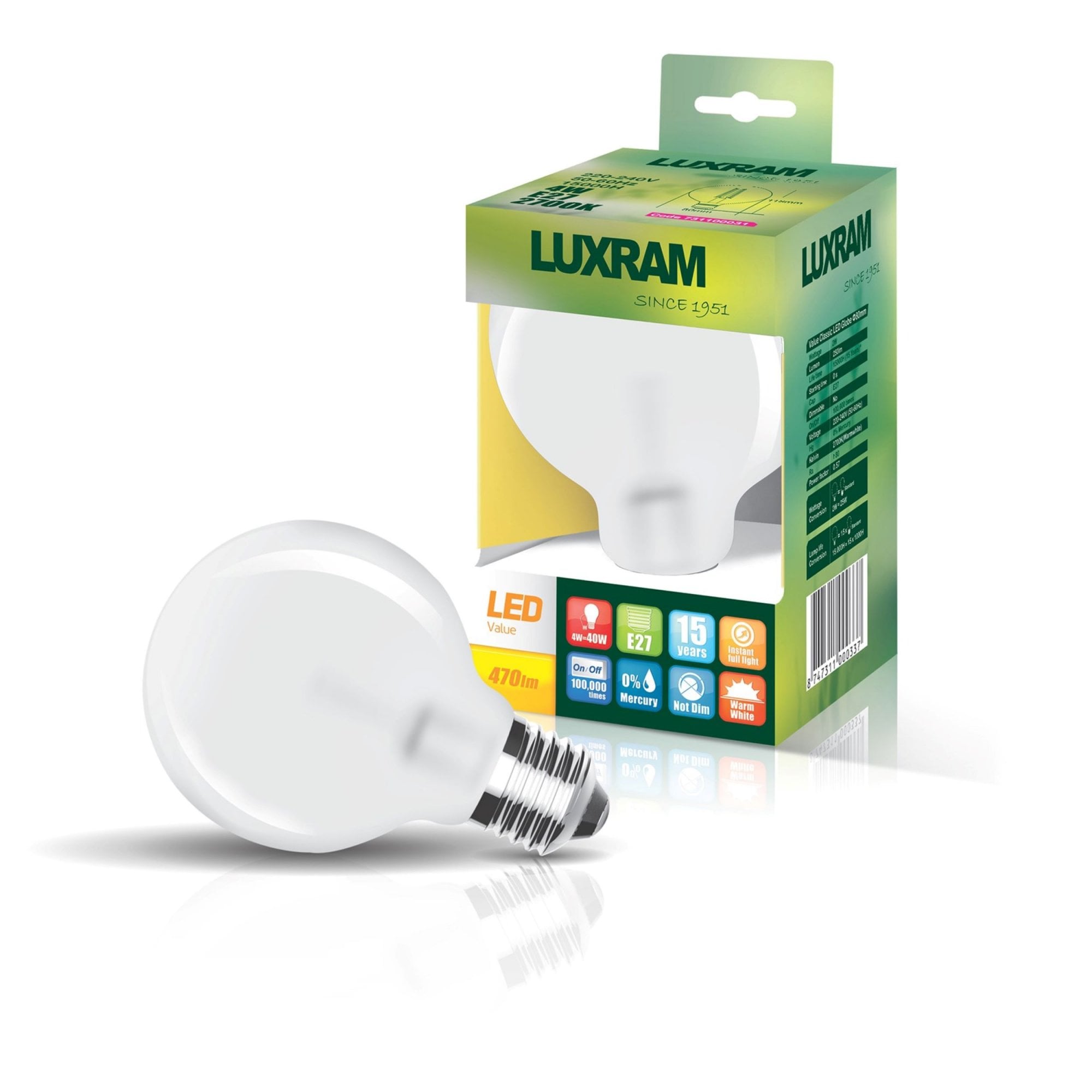 Luxram Classic E27 Warm White Opal 80mm LED Globe 8W 2700K 1055lm ...