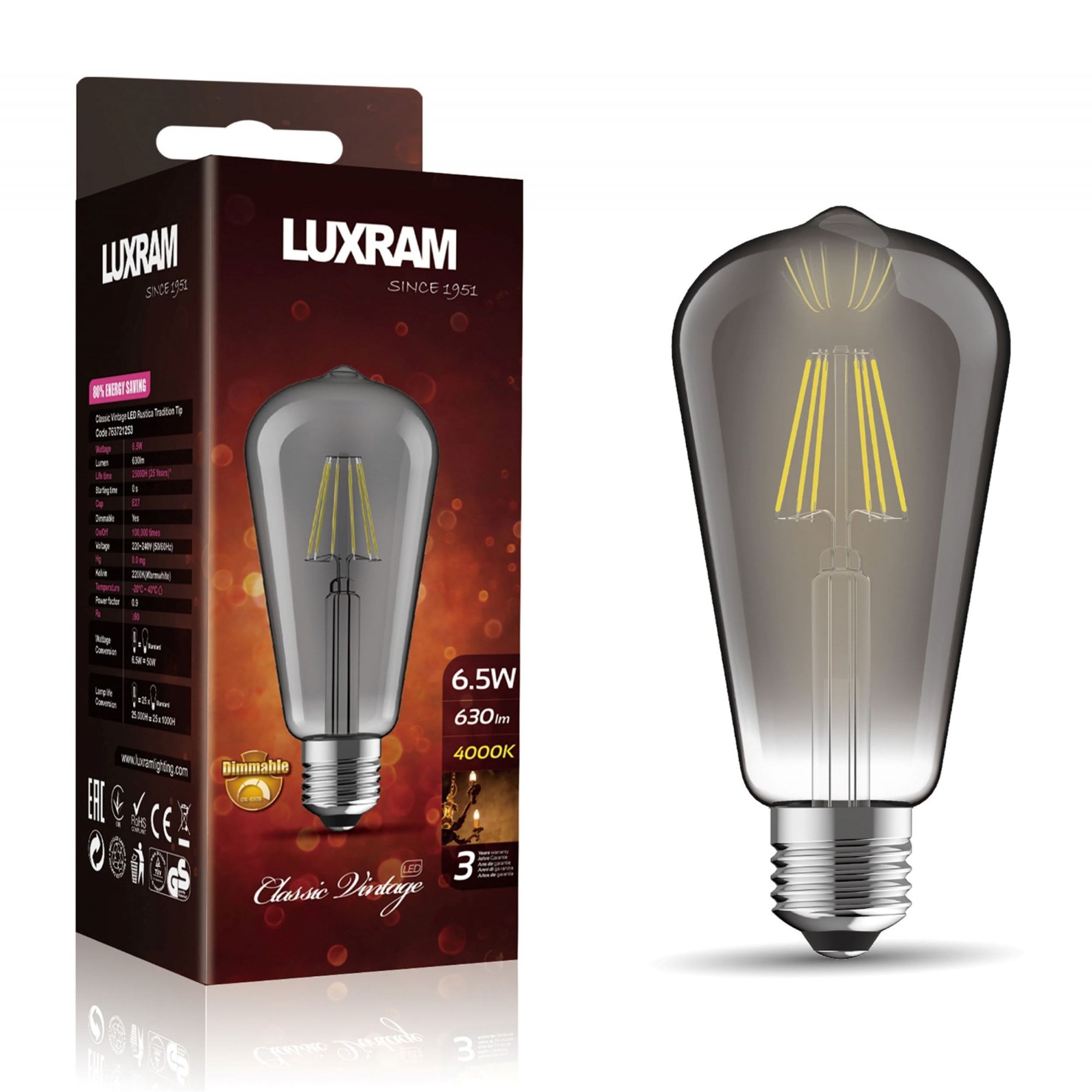 Luxram E27 Rustica Dimmable Smoked Pear Shaped LED 6.5W 4000K 630lm ...