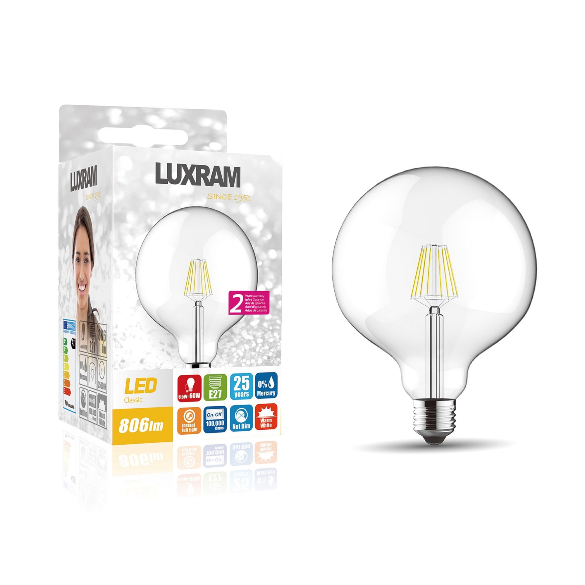 Luxram Classic E27 Warm White 125mm LED Globe 8W 2700K 806lm | Dusk ...