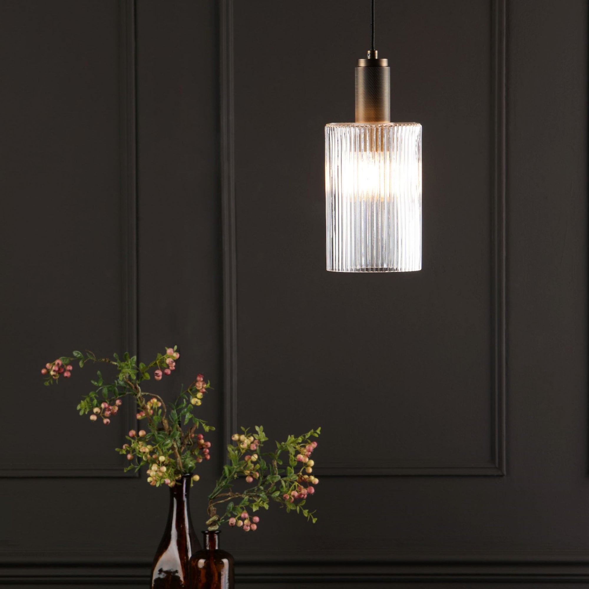 Dar Lighting Nikolas Single Pendant In Antique Brass With Ribbed ...