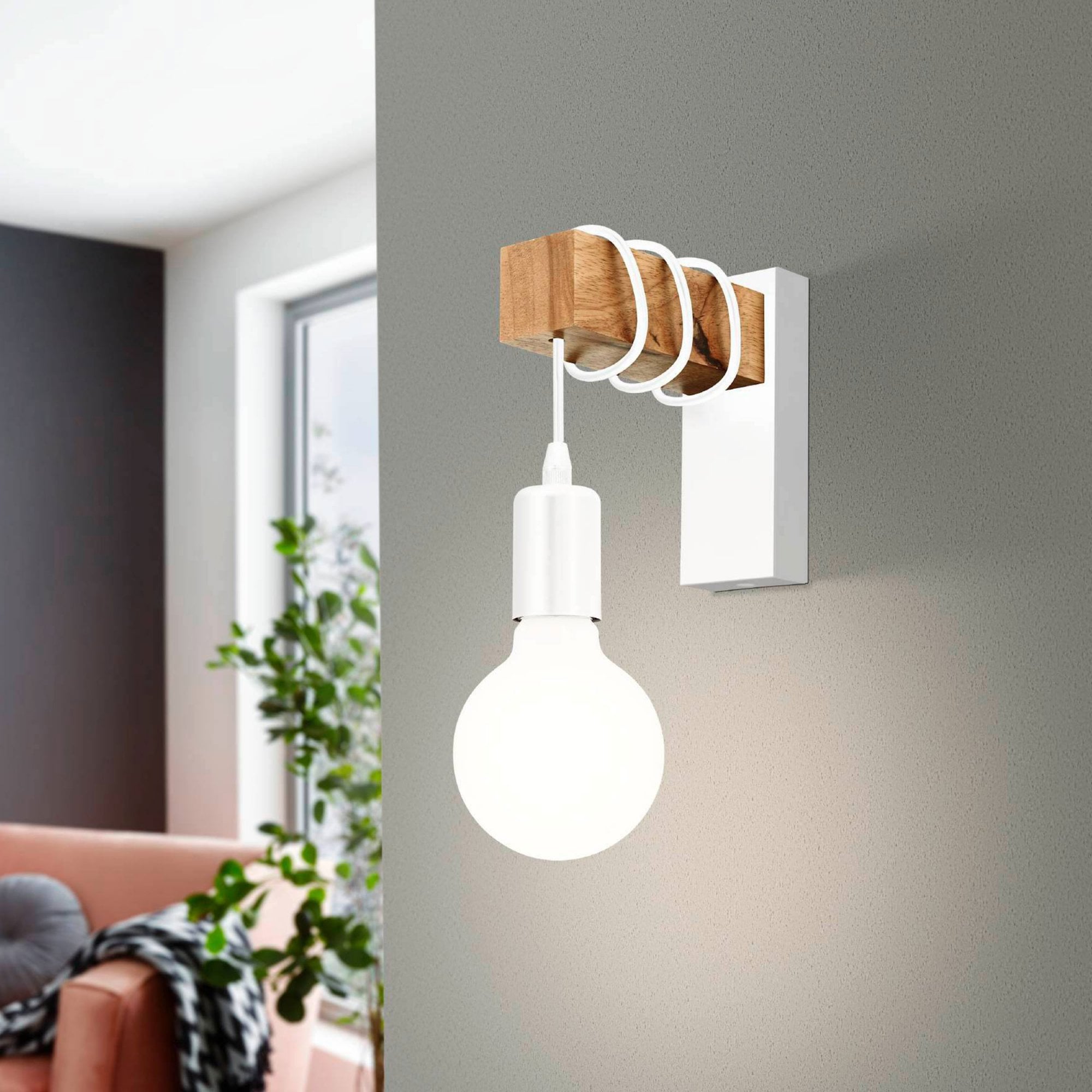 Eglo Townshend Single Wall Light in White and Natural Oak | Dusk Lights ...
