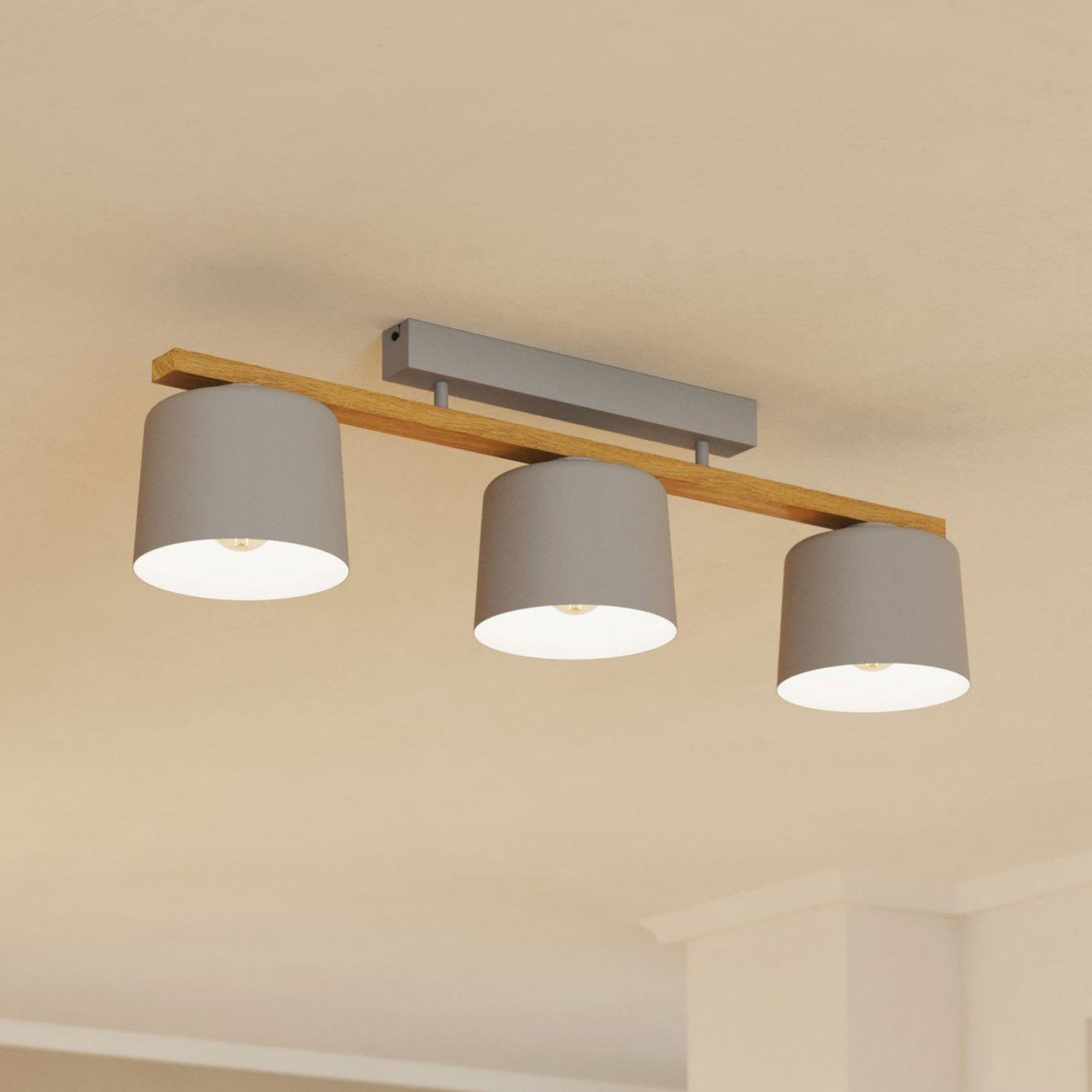 Eglo Mariel Triple Lamp Linear Ceiling Light with Wooden Crossbar ...