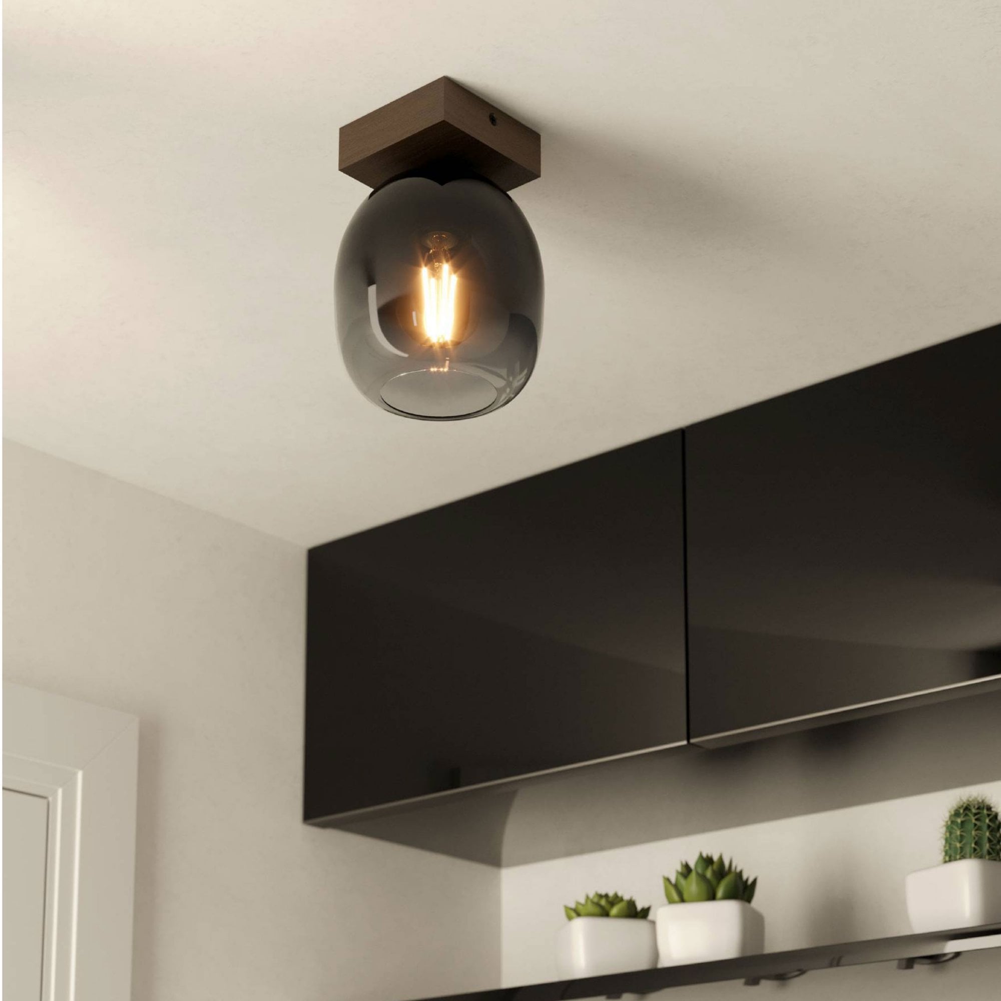 Eglo Filago Single Ceiling Light with Wooden Base & Glass Shade | Dusk ...