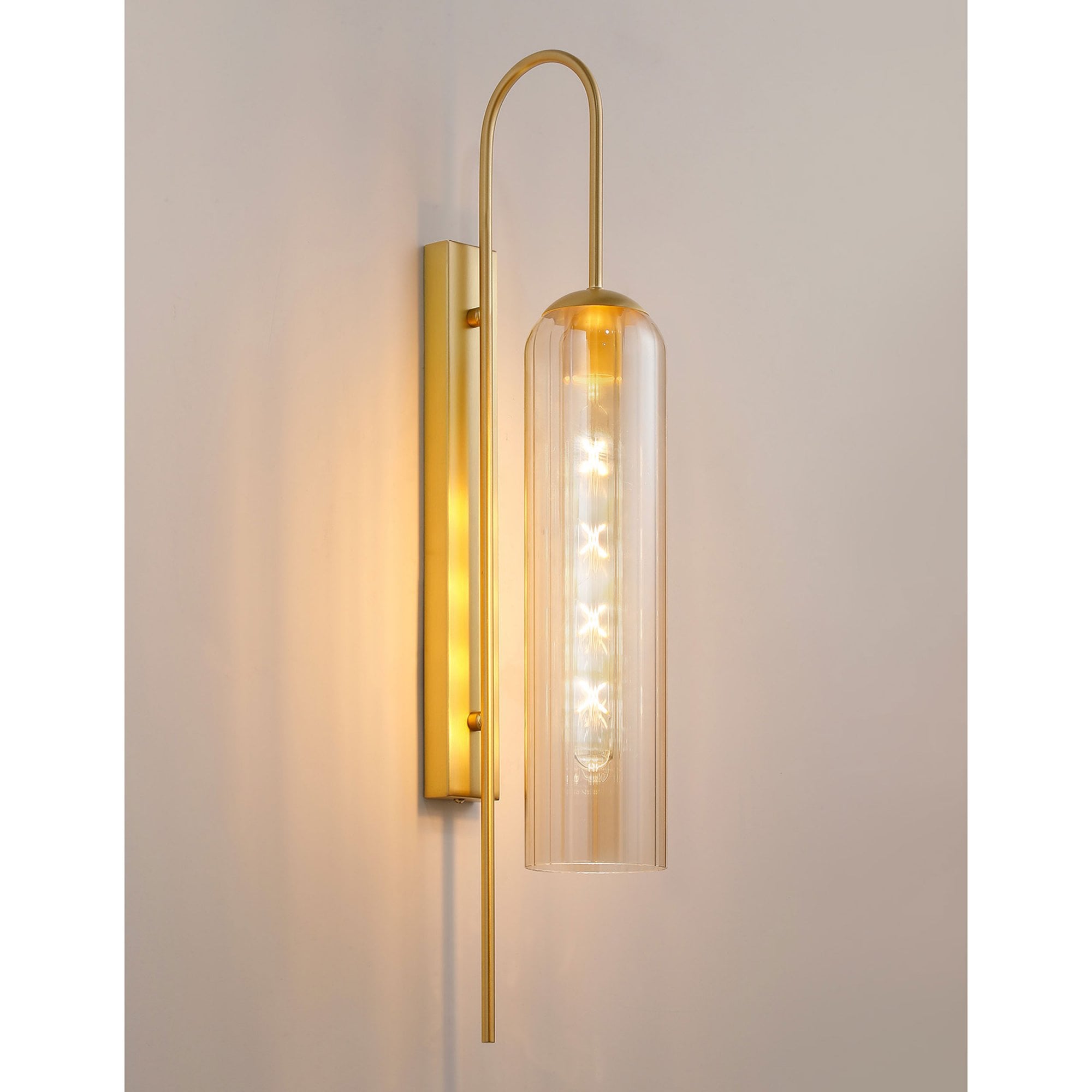 Lumiere Hamble Curved Wall Light in Satin Gold with Cognac Glass | Dusk ...