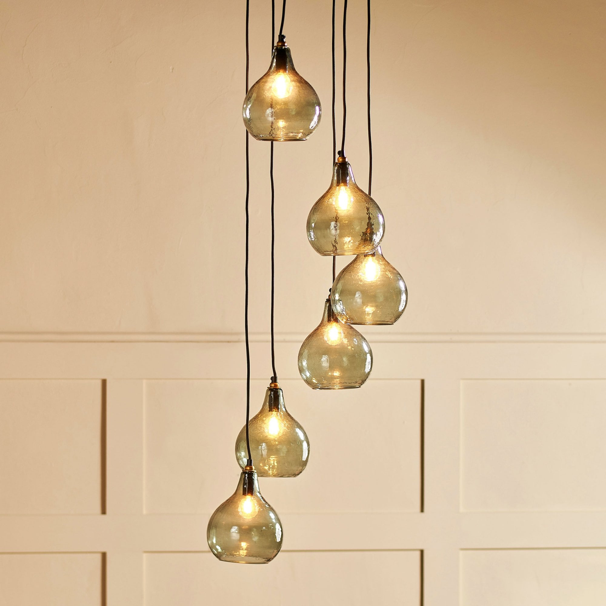 Nkuku Ziva Statement Six Drop Recycled Glass Cluster Pendant in Aged ...