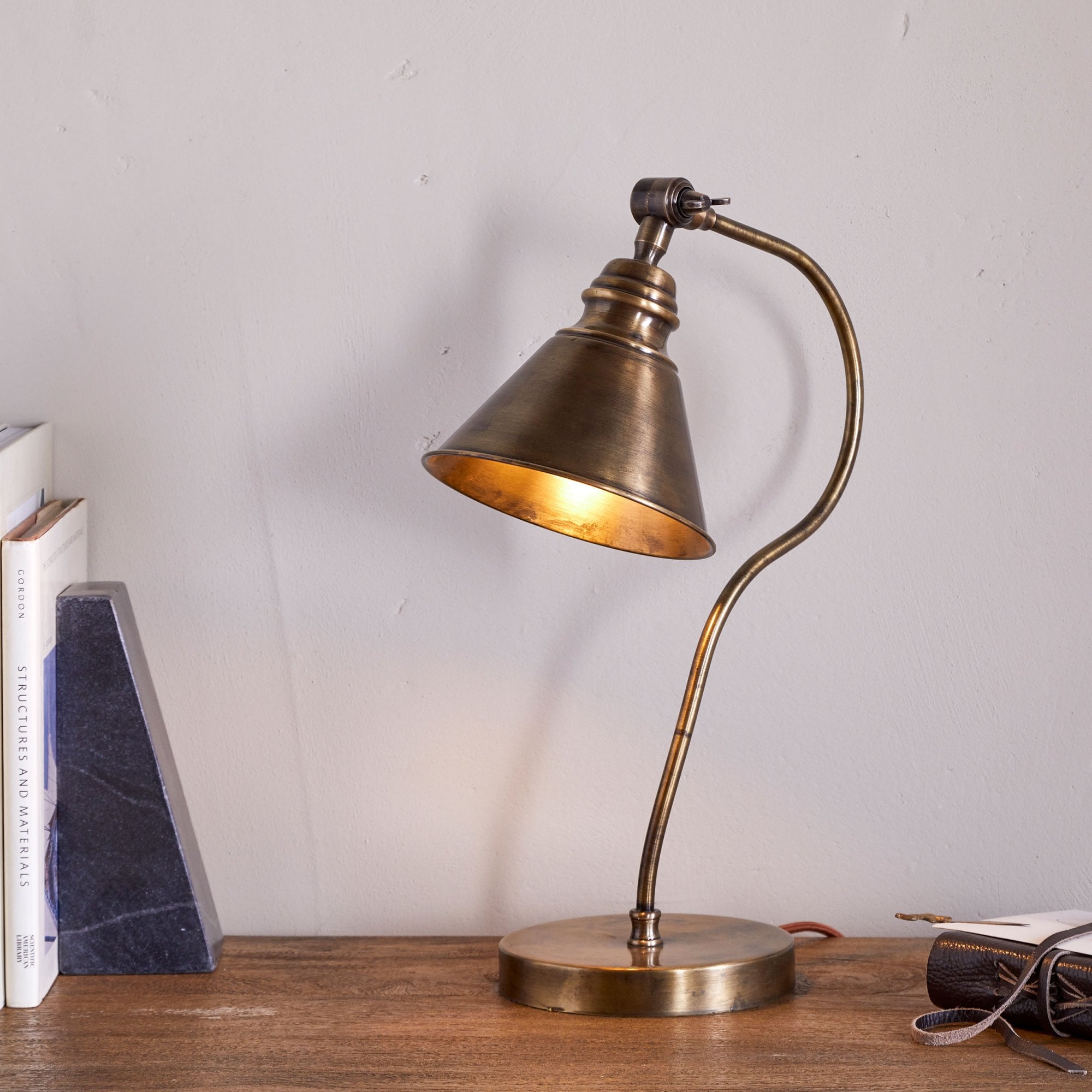 Nkuku Damba Adjustable Desk Lamp in Antique Brass | Dusk Lights – Dusk ...
