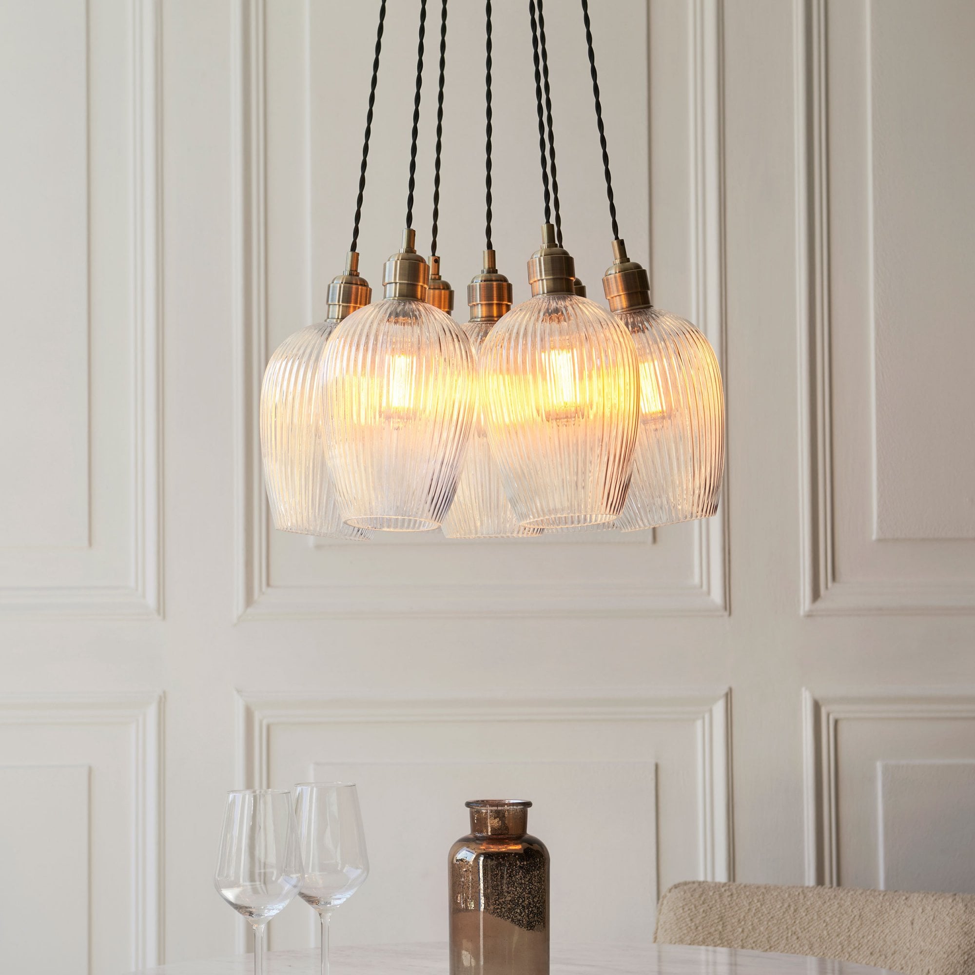 Hoburne 7 Light Cluster Pendant in Antique Brass with Clear Ribbed Gla ...