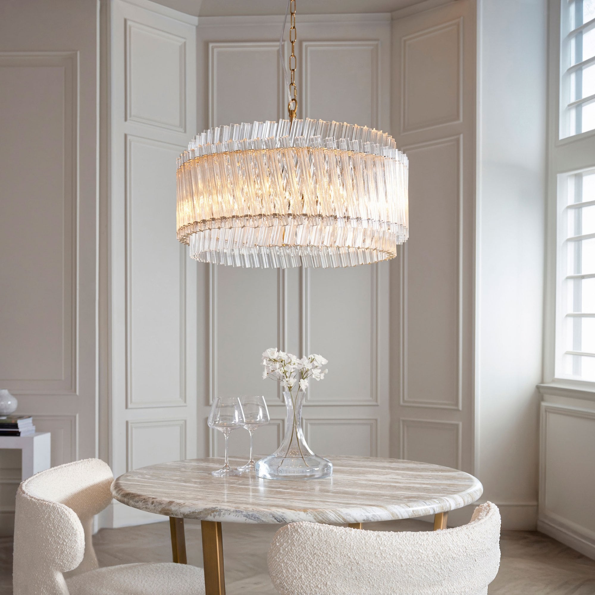 Caunton 5 Light Pendant in Brushed Aged Brass & Double Layered Clear G ...