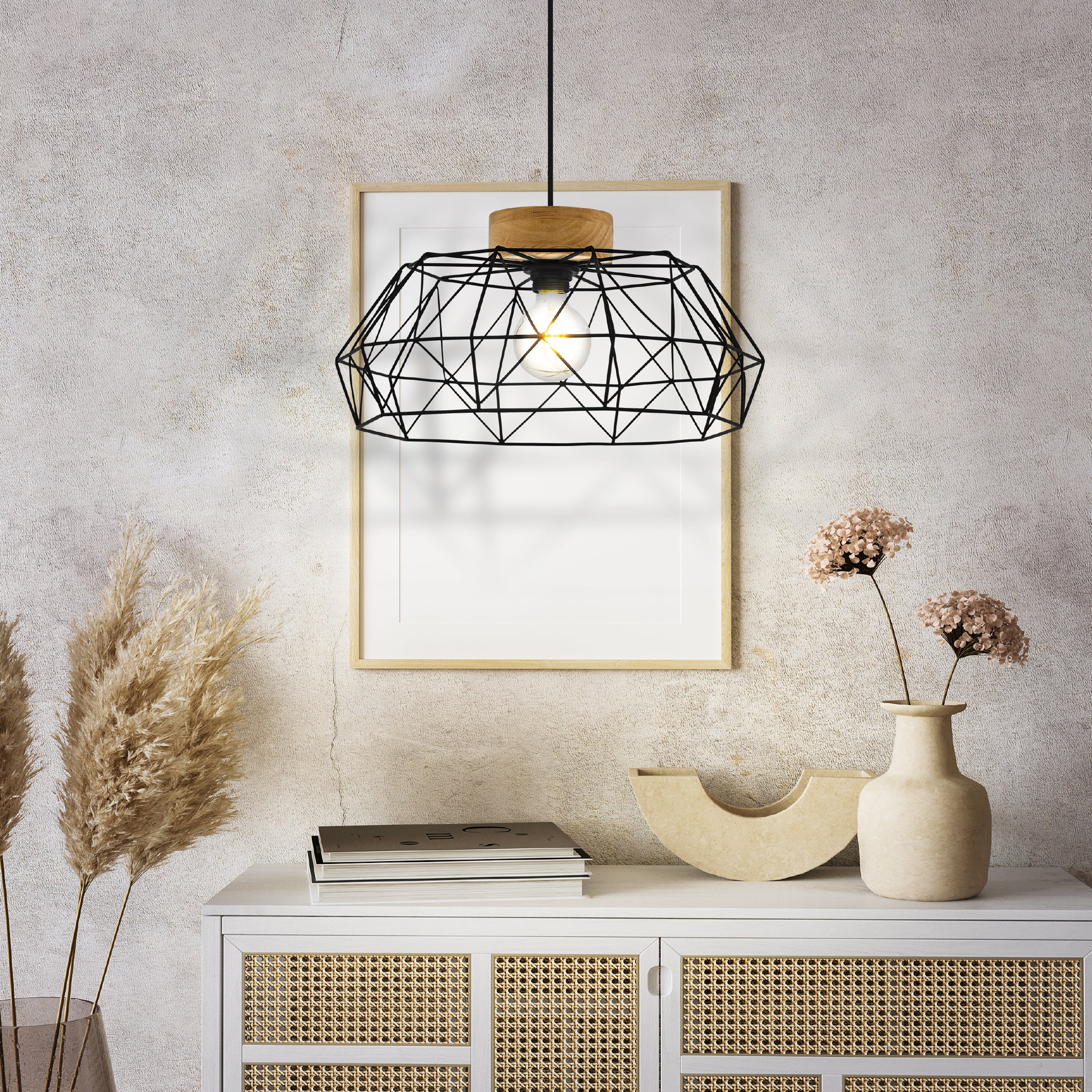Eglo Padstow Wire Frame Ceiling Light in Black on Wooden Mount | Dusk ...
